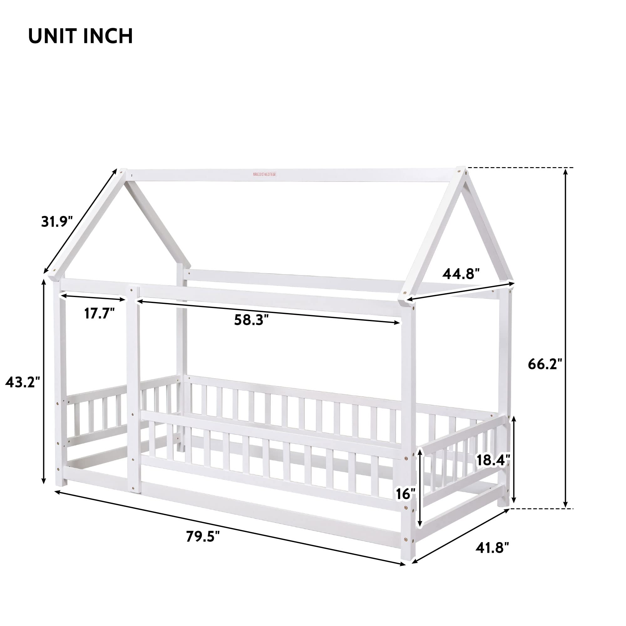 CITYLIGHT Twin Floor Bed Frame, Pine Wood, White With Roof, 20"W