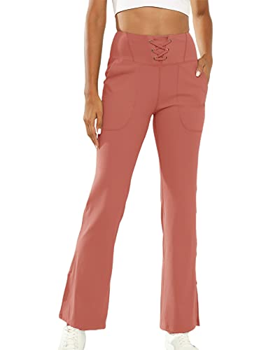 Aurgelmir Women's High Waisted Flare Bootcut Pants Split Hem Wide Leg Athletic Running Yoga Leggings with Pockets Pink