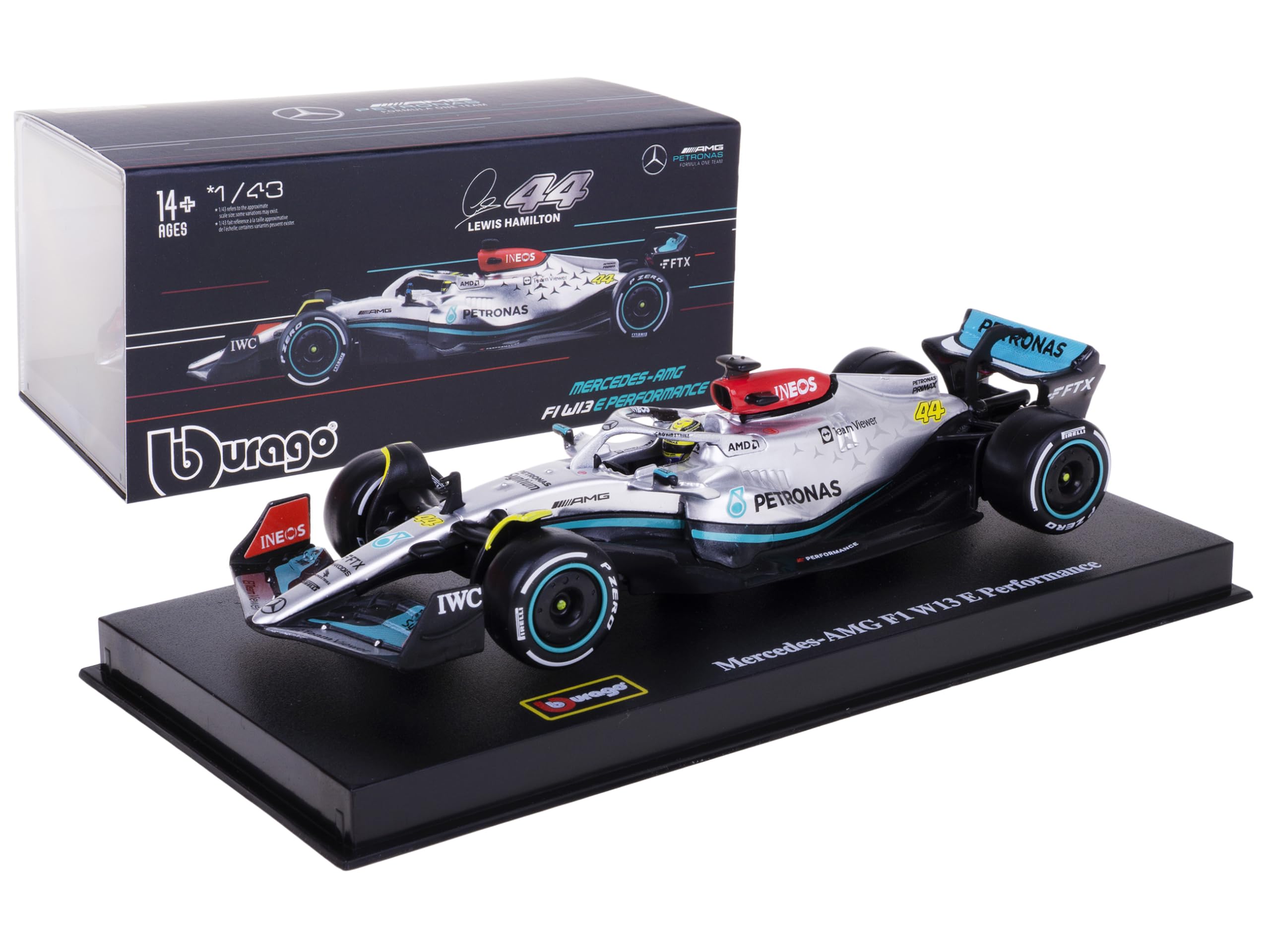 AMG F1 W13 E Performance #44 Lewis Hamilton F1 Formula One World Championship (2022) with Display Case 1/43 Diecast Model Car by Bburago 38066LH
