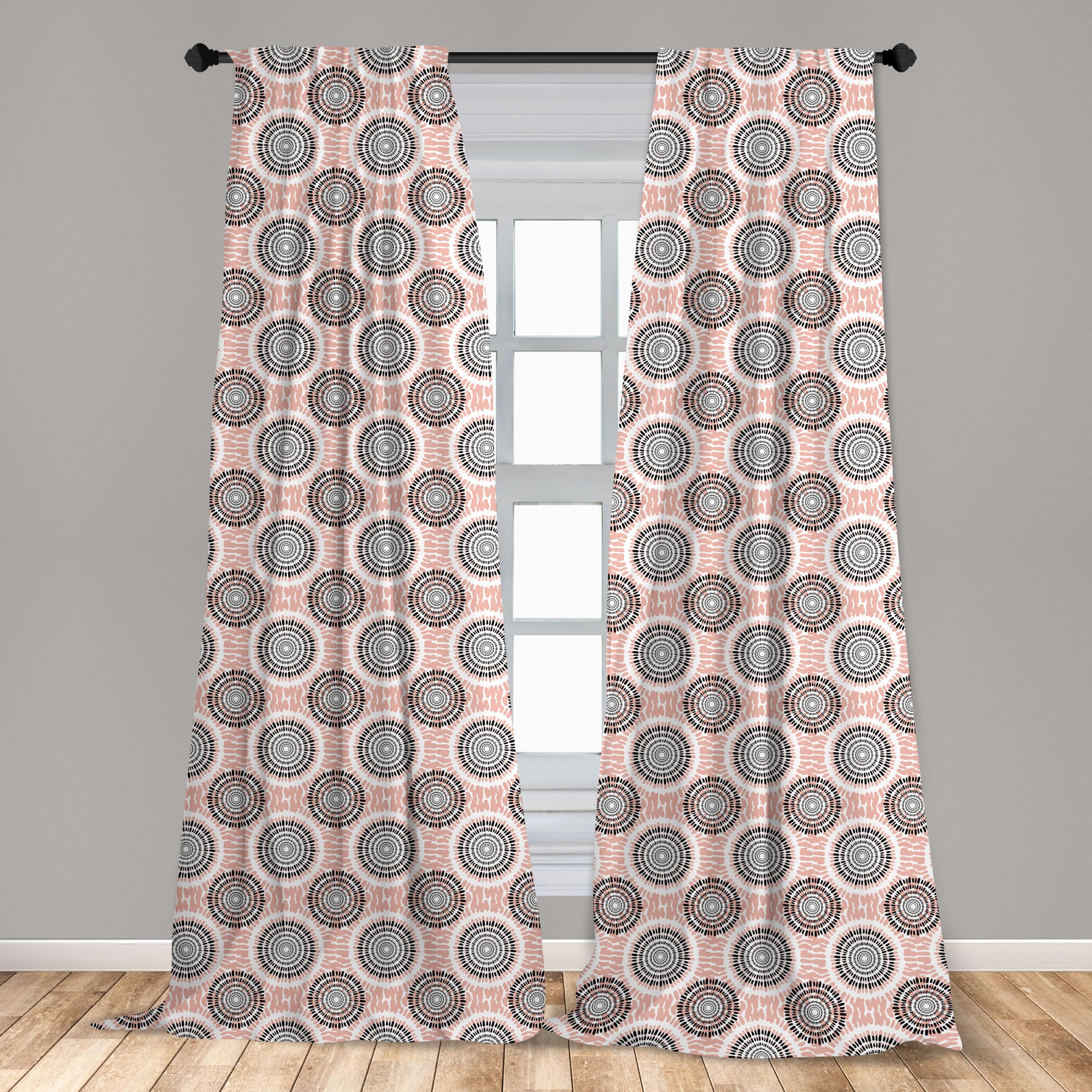 Ambesonne Peach Curtains, Symmetrical Circular Shapes Pattern Abstract Background Soft Color Image Print, Window Treatments 2 Panel Set for Living Room Bedroom, Pair of - 28" x 63", White Black