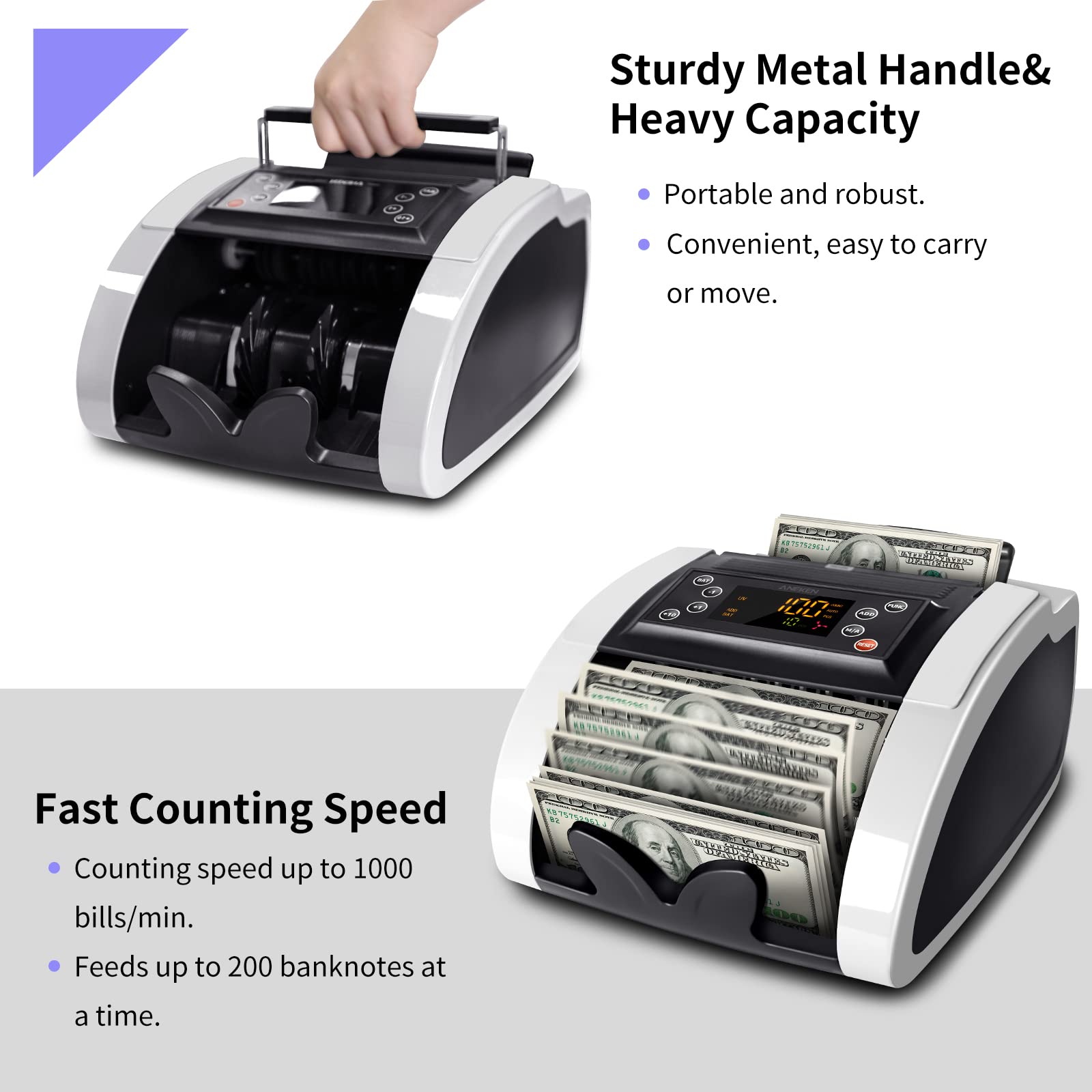 Aneken Money Counter Machine with UV/MG/IR/DBL/HLF/CHN Counterfeit Detection, USA/EUR Portable Bill Counting Machine, Bill Counter with LED External Display, Add&Batch Modes, 2-Year Warranty