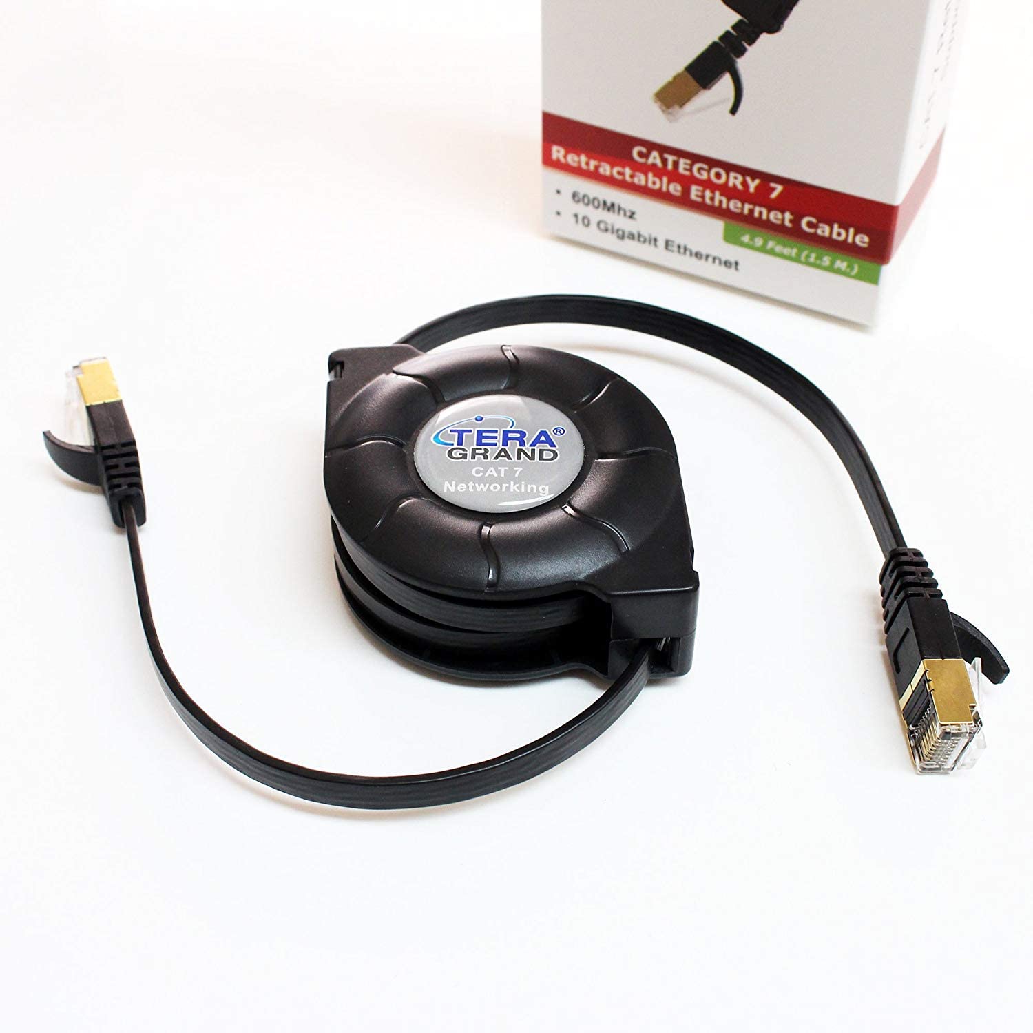 Tera Grand - Premium Cat-7 10 Gigabit Ethernet Retractable Cable for Modem Router LAN Network Playstation Xbox, 1.5Meter (4.9 Ft.) in Retail Package