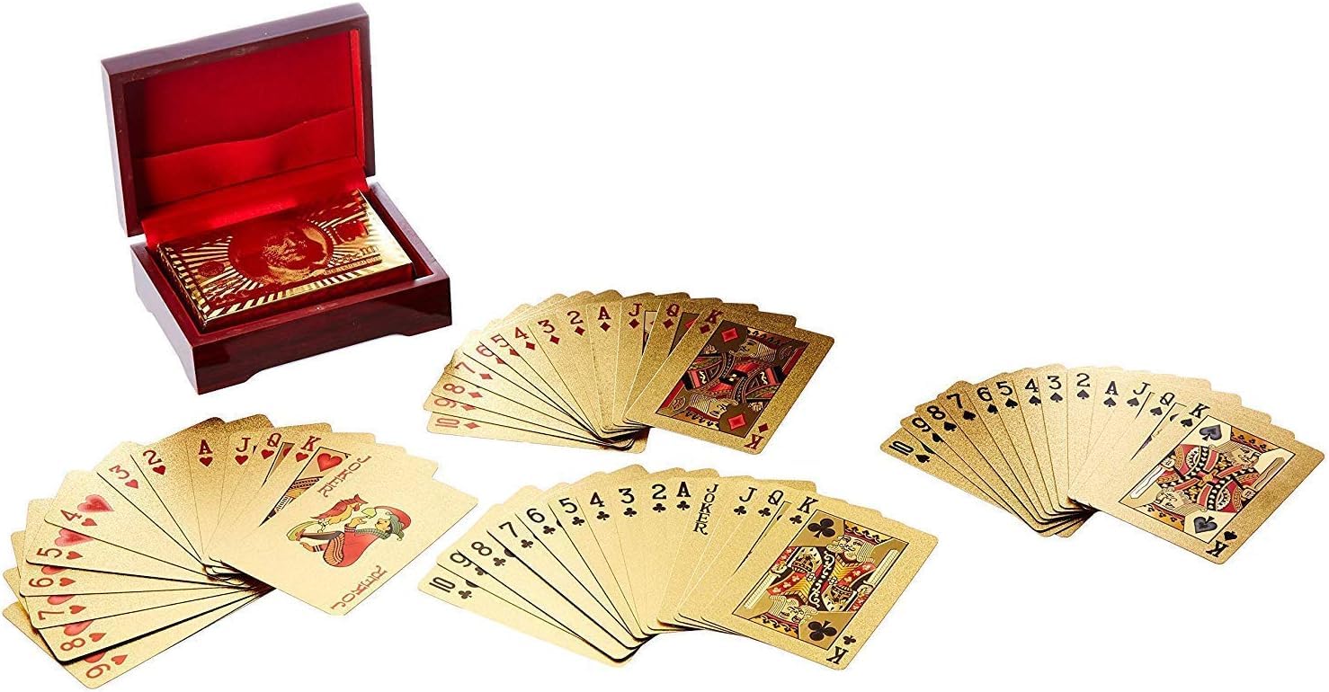 Gold Plated Playing Cards Poker with Wooden Gift Box Case Make Your Magic Tricks More Luxurious & Creative for Family & Friend