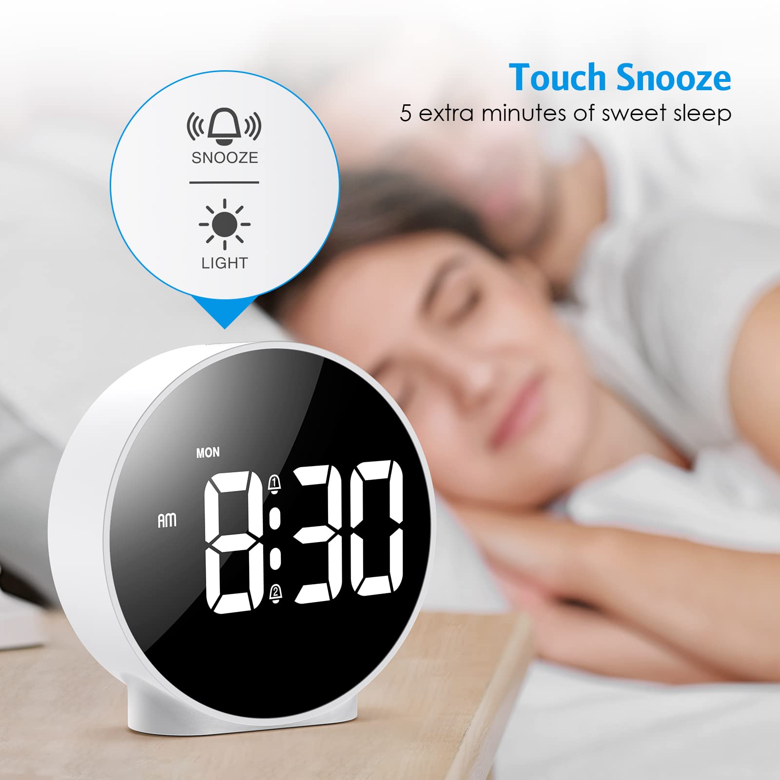 AMIR Digital Alarm Clock, LED Electronic Clock, Bedside Clock with 2 Alarms, Snooze, Adjustable Brightness, 12/24H, Small Desk Clock (Battery & Adapter Not Included)