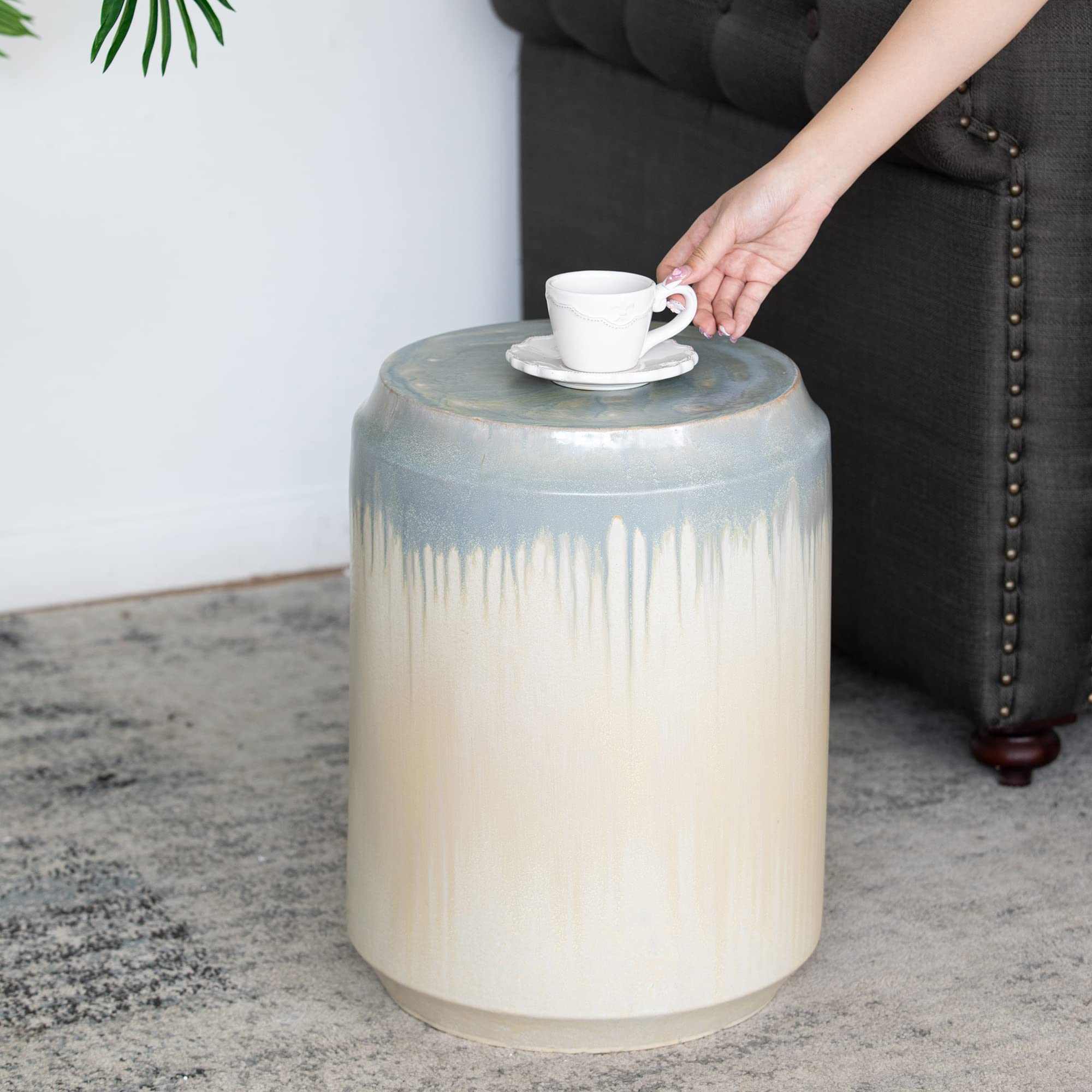 A&B Home Stool - Blue and Beige Ceramic Stool, Live Edge Coffee Table Side Table, Living Room Bedroom Accent Table Plant Stand, 14" x 14" x 18"