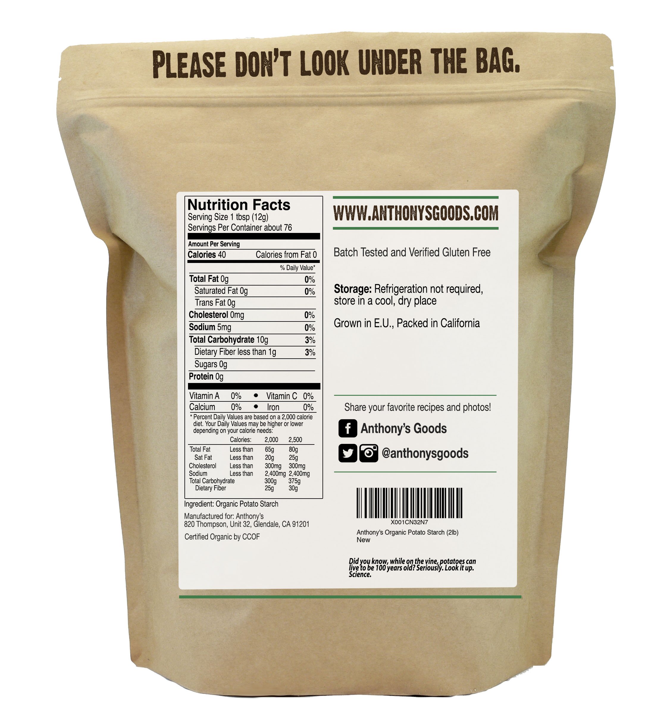 Anthony's Organic Potato Starch, Unmodified, 2 lb, Gluten Free & Non GMO, Resistant Starch