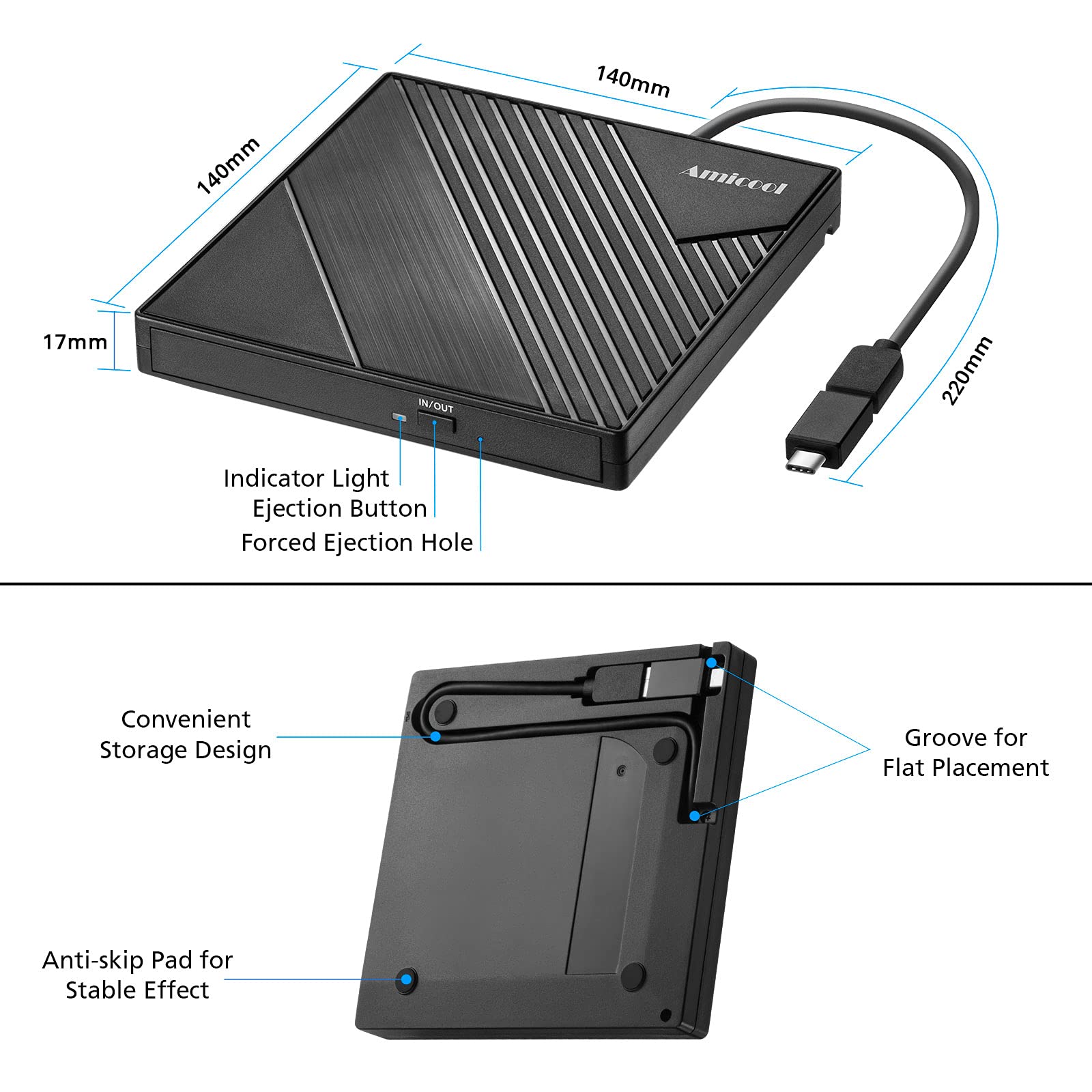 Amicool External DVD Drive USB 3.0 USB C CD Burner CD/DVD +/-RW Optical Drive Slim Portable DVD CD ROM Rewriter Writer Duplicator for Laptop Desktop PC Windows 10/8/7 MacBook Mac Linux OS Apple