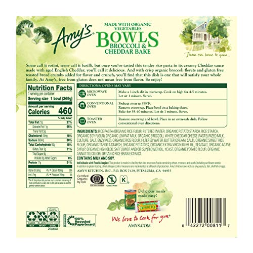 Amy's Frozen Meals, Broccoli and Cheddar Cheese Bake, Made With Organic Rice Pasta and Veggies, Gluten Free Microwave Meals, 9.5 Oz