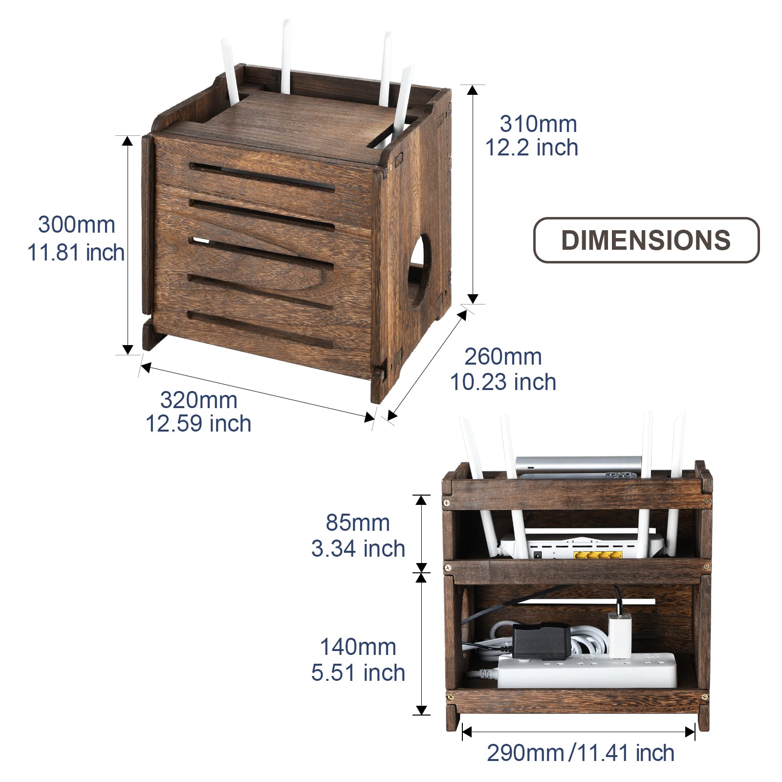 BEARUT Wooden Router Shelf Wall Mount WiFi Router Storage Box Modem Cable Router Cover Organized Power Strip Cable Management Hider Rack Need Assembly 11.4" W x 9.4" H x 9.1" D