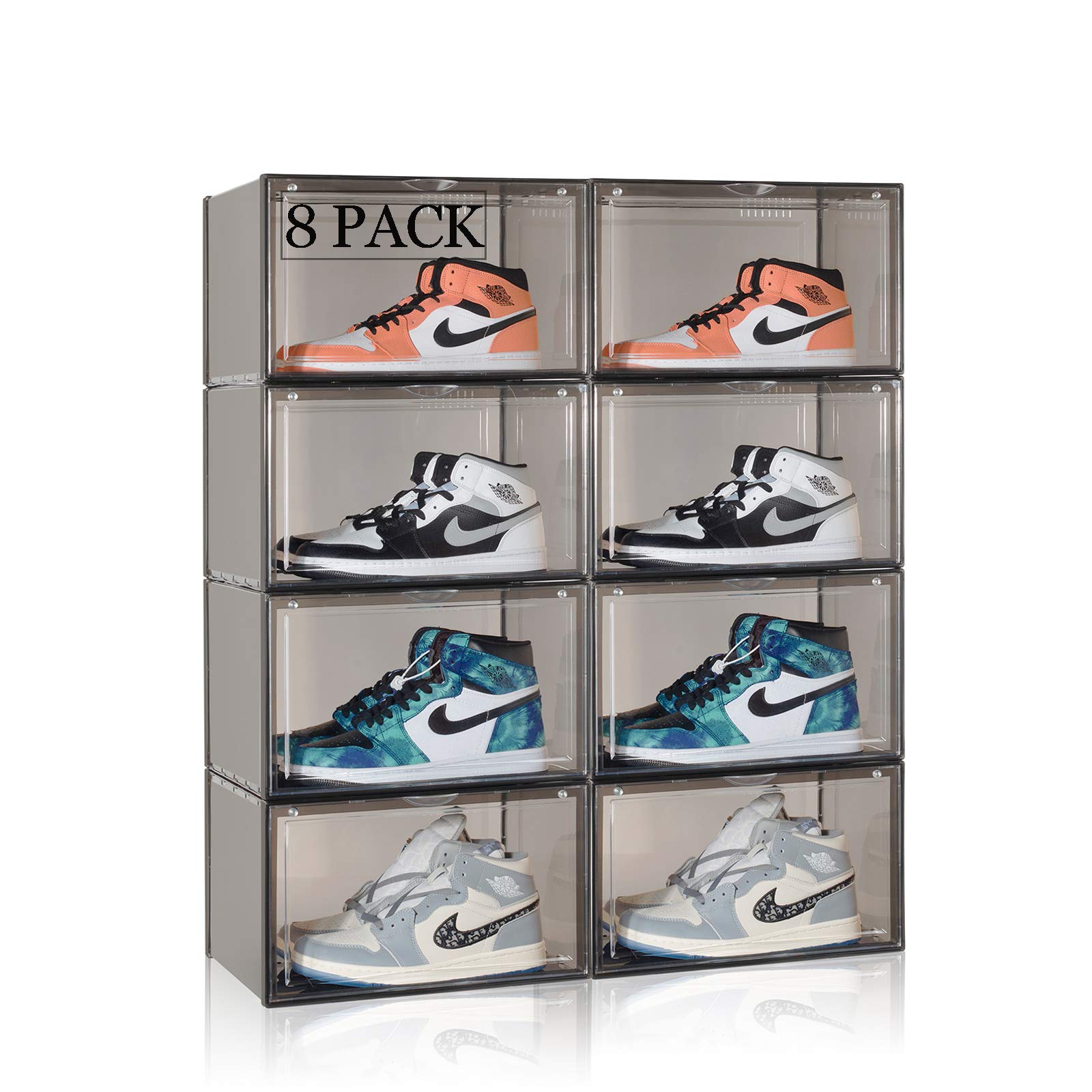 AOTENG STAR Shoes Boxes Stackable,Smoker Grey Sneaker Shoe Box Storage Containers Side Open Door with Magnetic Stackable Breathable Foldable Storage Shoe Boxes Shelf,8 Pack