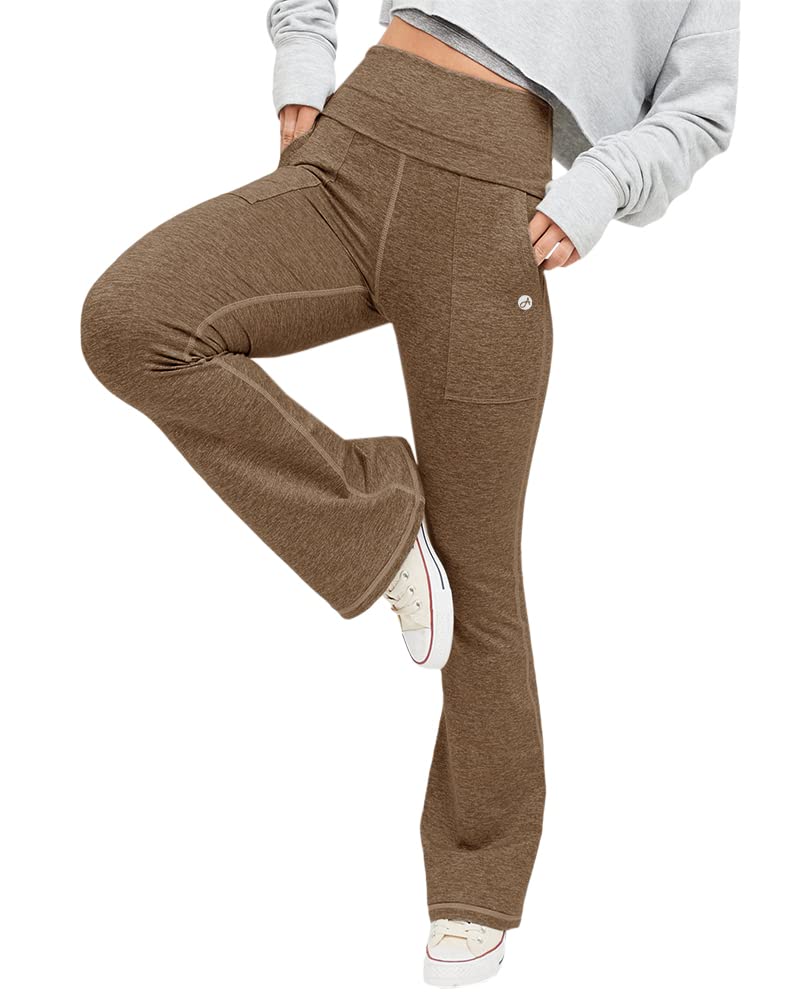Aurgelmir Womens Flare Yoga Pants High Waisted Foldover Workout Leggings with Pockets Tummy Control Bell Bottom Pants Brown
