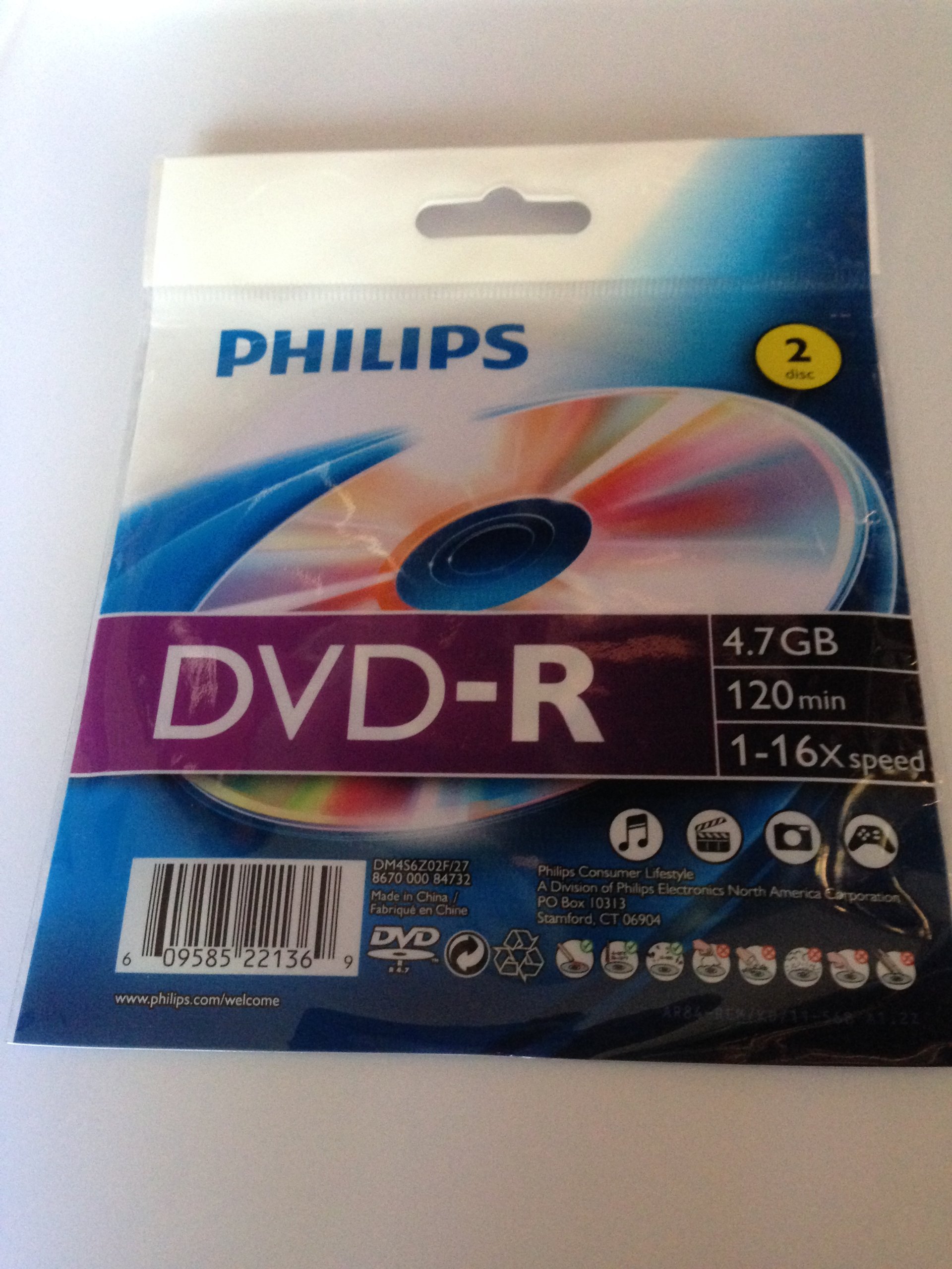 Philips DVD -R, 2 Pack, 4.7 Gb, 120 Min, 1-16 X Speed