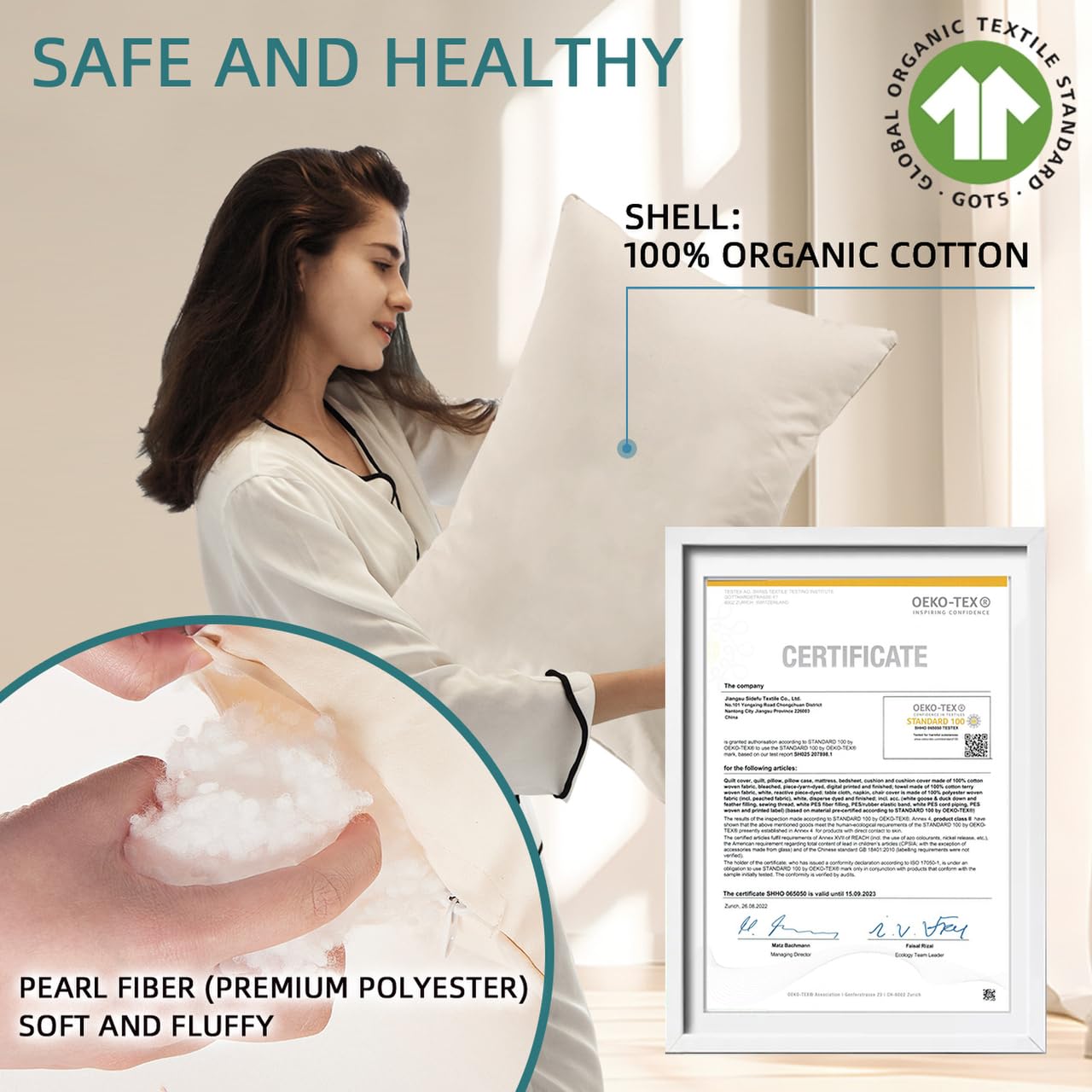 LOFE Organic Pillow with Pillowcase - 20x26 Standard Pillow with 100% Organic Cotton Shell, Adjustable Loft Organic Standard Pillow, Machine Washable, Soft, Perfect for Youth&Adults