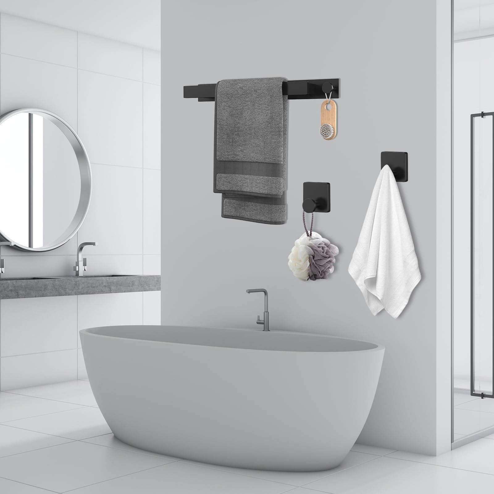 Bathroom Towel Rack 304 Stainless Steel Towel Holder with 2 Piece Hooks, Wall Mounted Towel Hanger fit Bathroom Accessory Kit - Drilling Required(Black, 31.5 INches)
