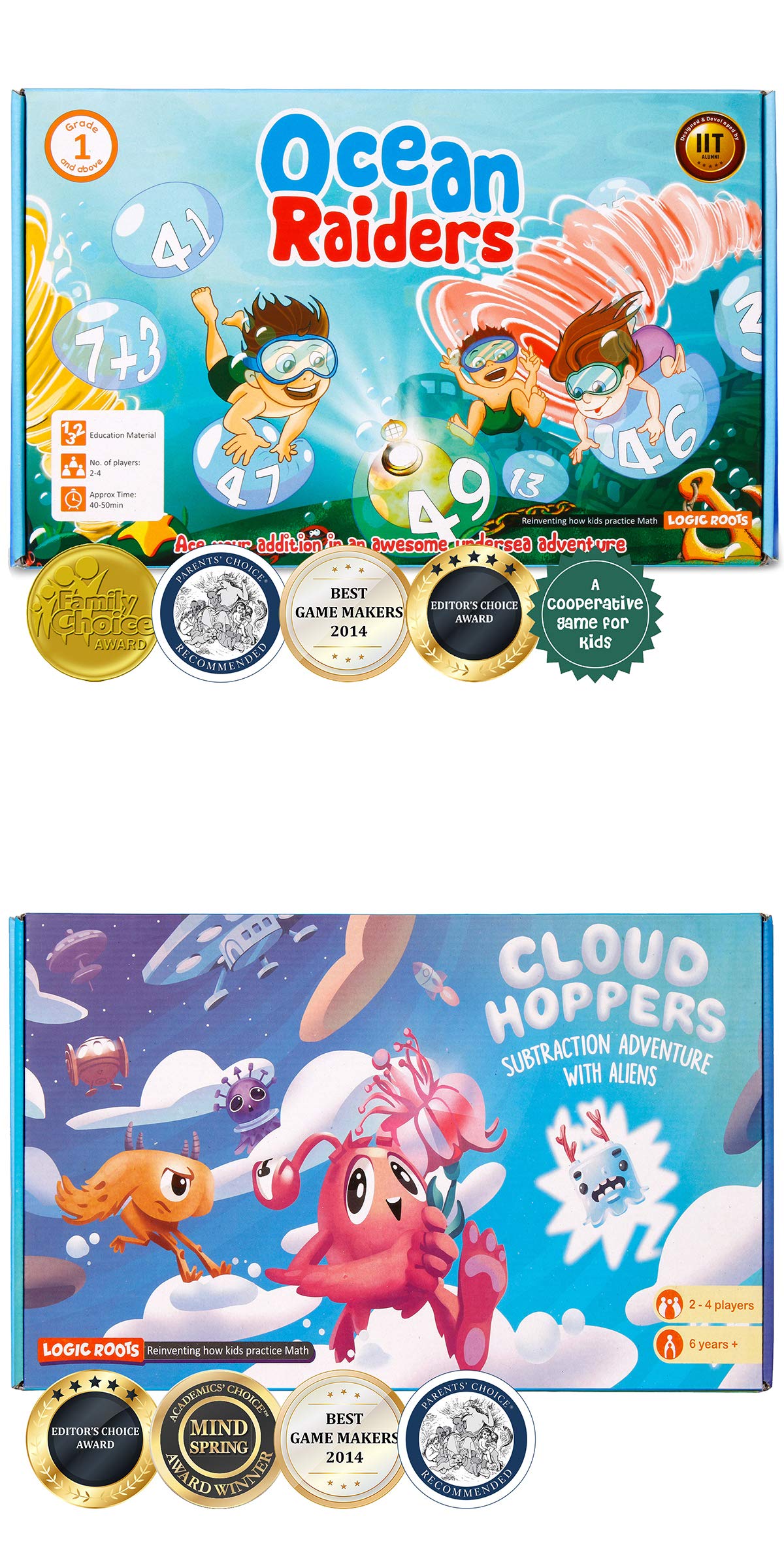Logic Roots Addition and Subtraction Games - Pack of 2, Ocean Raiders and Cloud Hoppers, Math Board Games & STEM Toys for 6-8 Year Olds, Educational Gift for Kids, Homeschoolers, Kindergarten and Up
