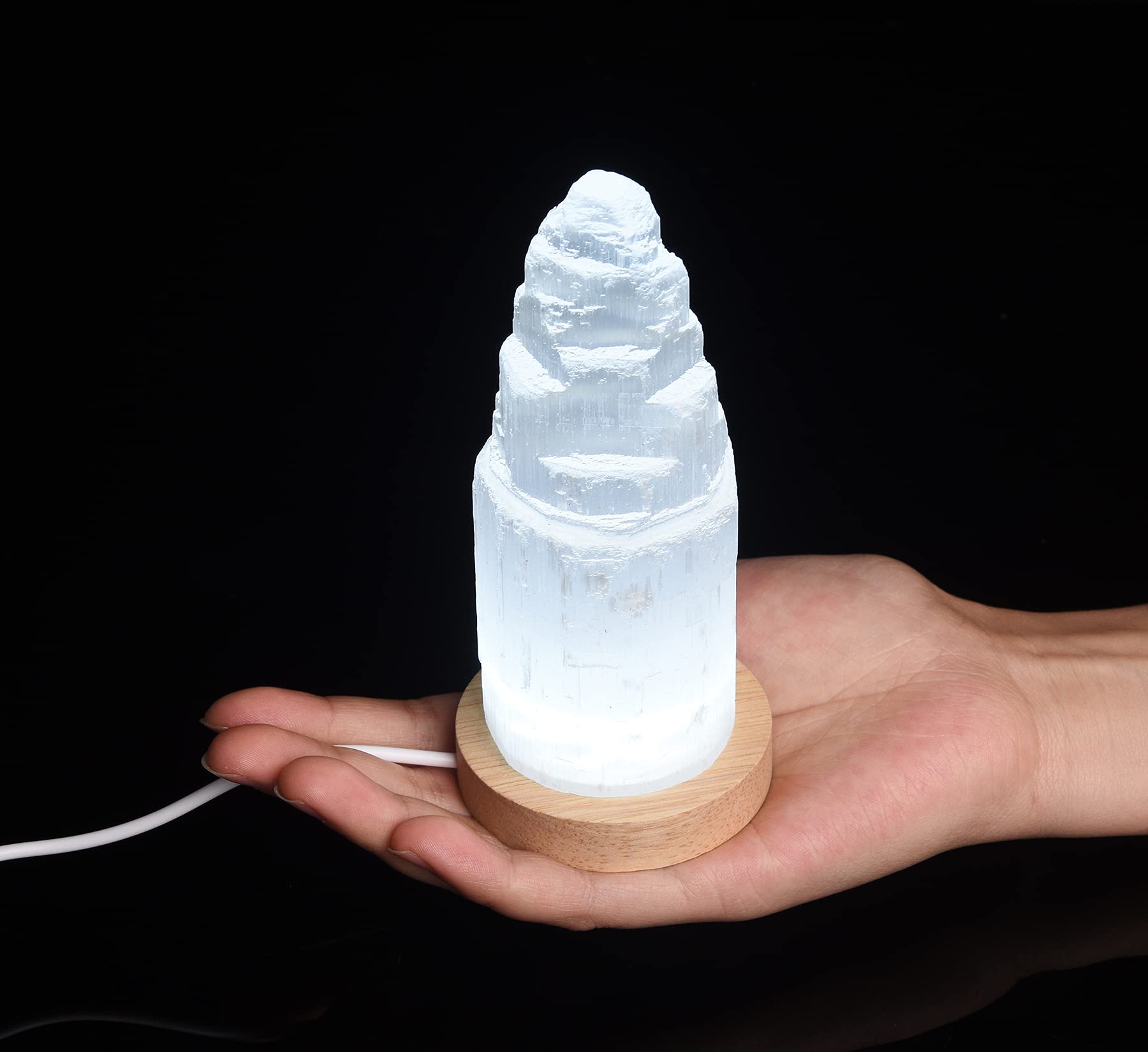AMOYSTONE Natural Selenite Lamp Small White Crystal Lamp 5" Height Skyscraper Tower with LED Light Base