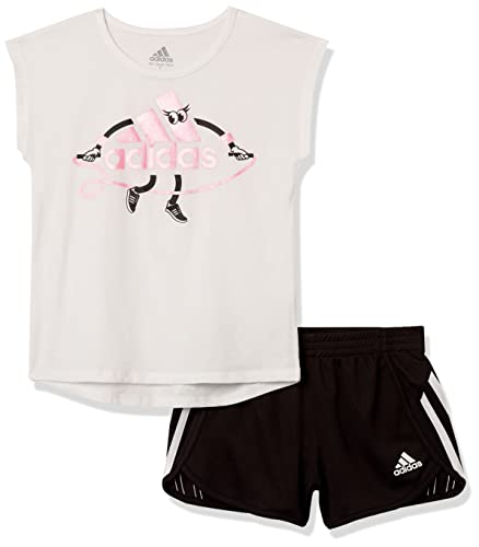 adidas Girls Sleeve Graphic Tee and Shorts Set, White with Black, 5