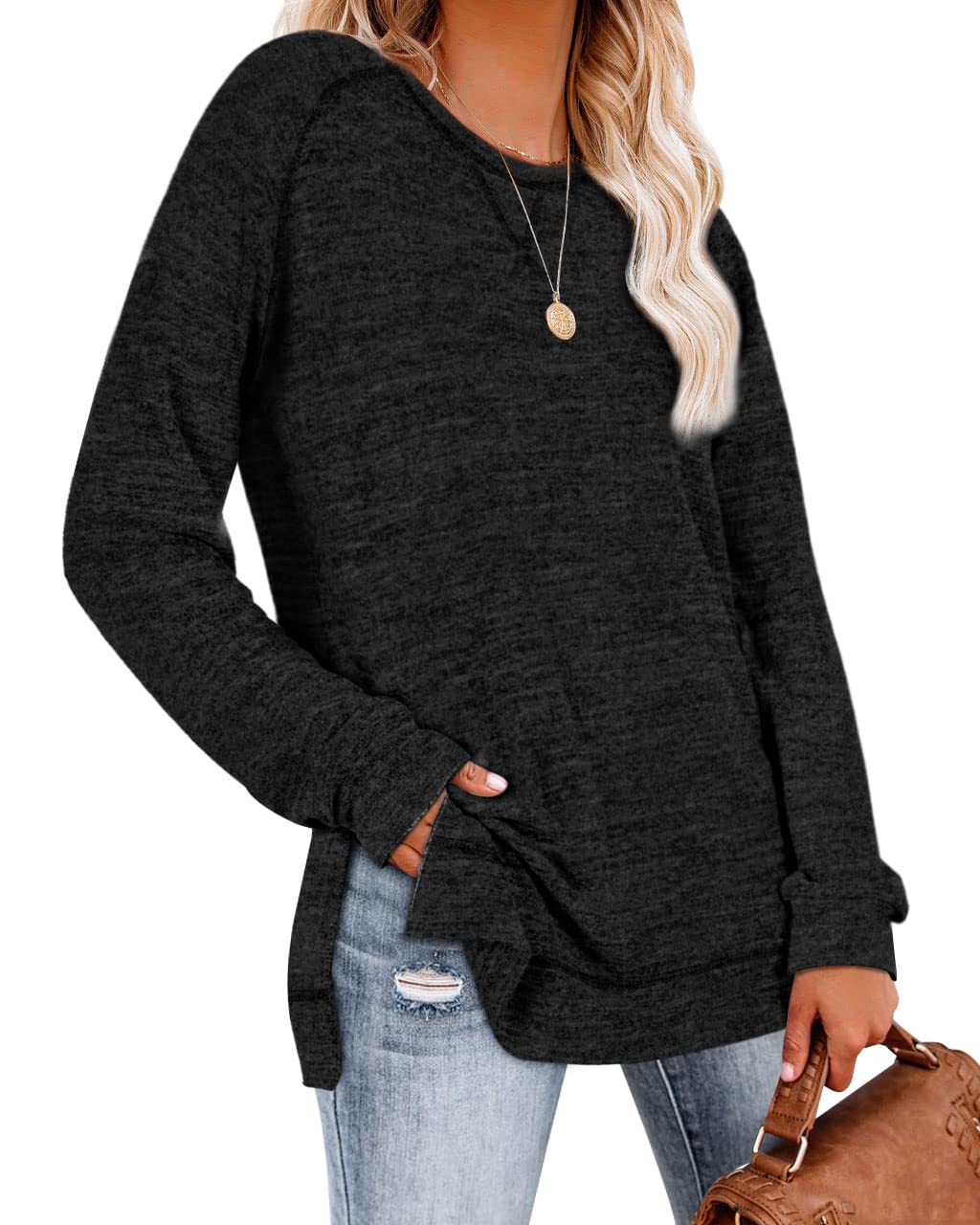 Aokosor Black Sweatshirts for Women 2024 Casual Fall Clothes Long Sleeve Tops Oversized XL