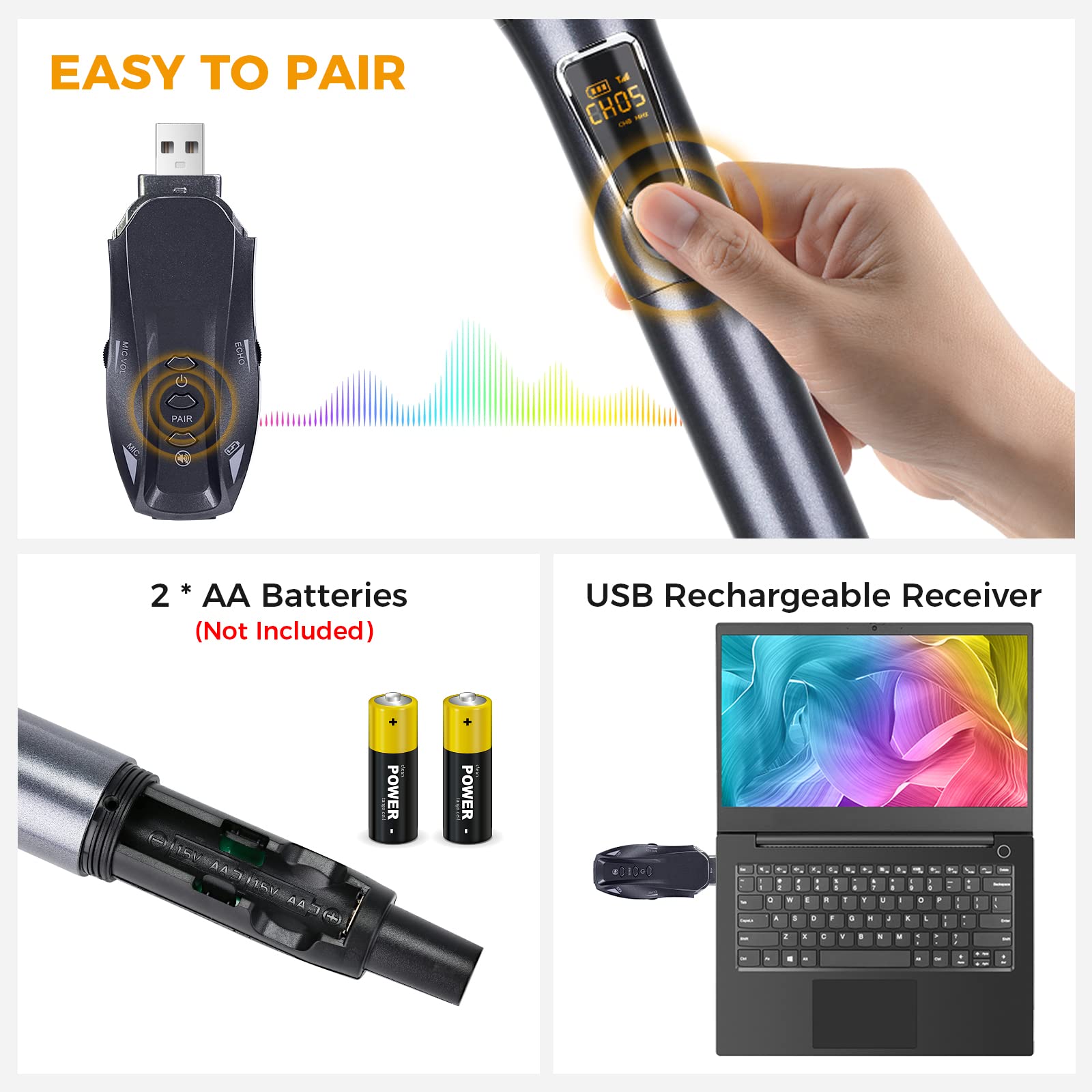 Asmuse Wireless Microphone, Metal UHF Handheld Dynamic Microphone System, Wireless Mic Dual Cordless with USB Rechargeable Receiver, Microphone for Karaoke, Church, Speech, Wedding, Party Singing