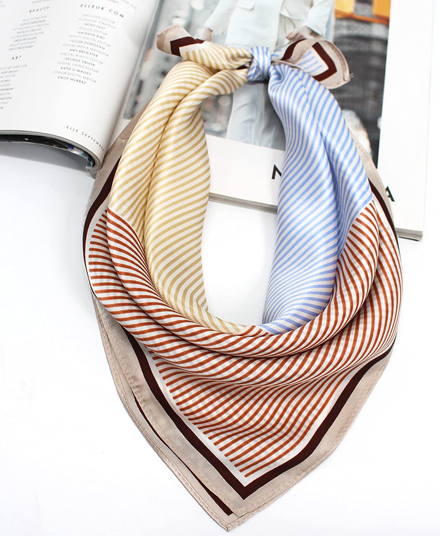 ANDANTINO 100% Pure Mulberry Silk Scarf -21” Lightweight Small Square Neckerchief – Breathable Digital Printed Scarves with Gift Packed (Contrast Color-Stripes)