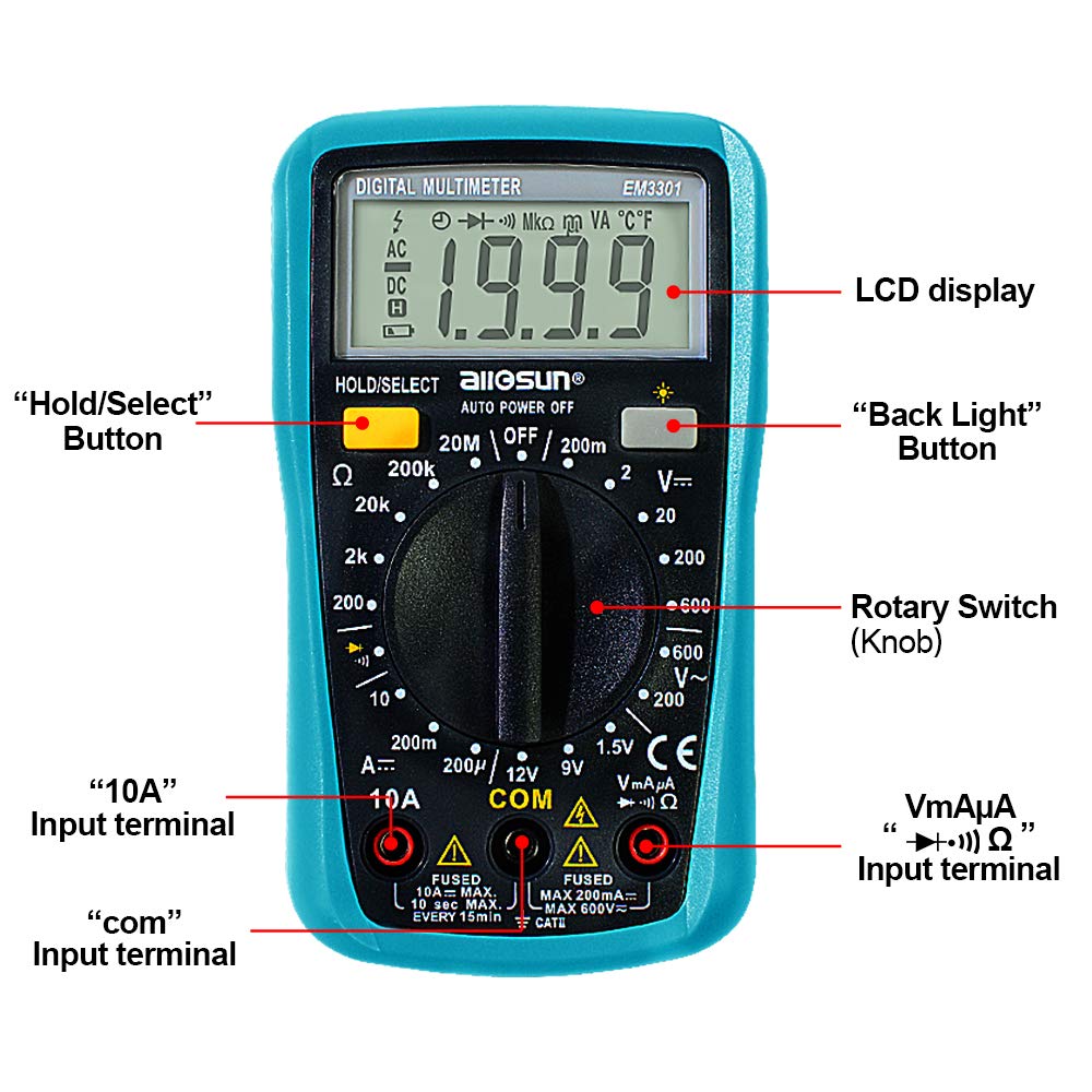 ALLOSUN Digital Multimeter Automotive Multimeter Battery Tester 1999 counts AC DC Voltage DC Current ohm Tester With Backlight (EM3301), blue