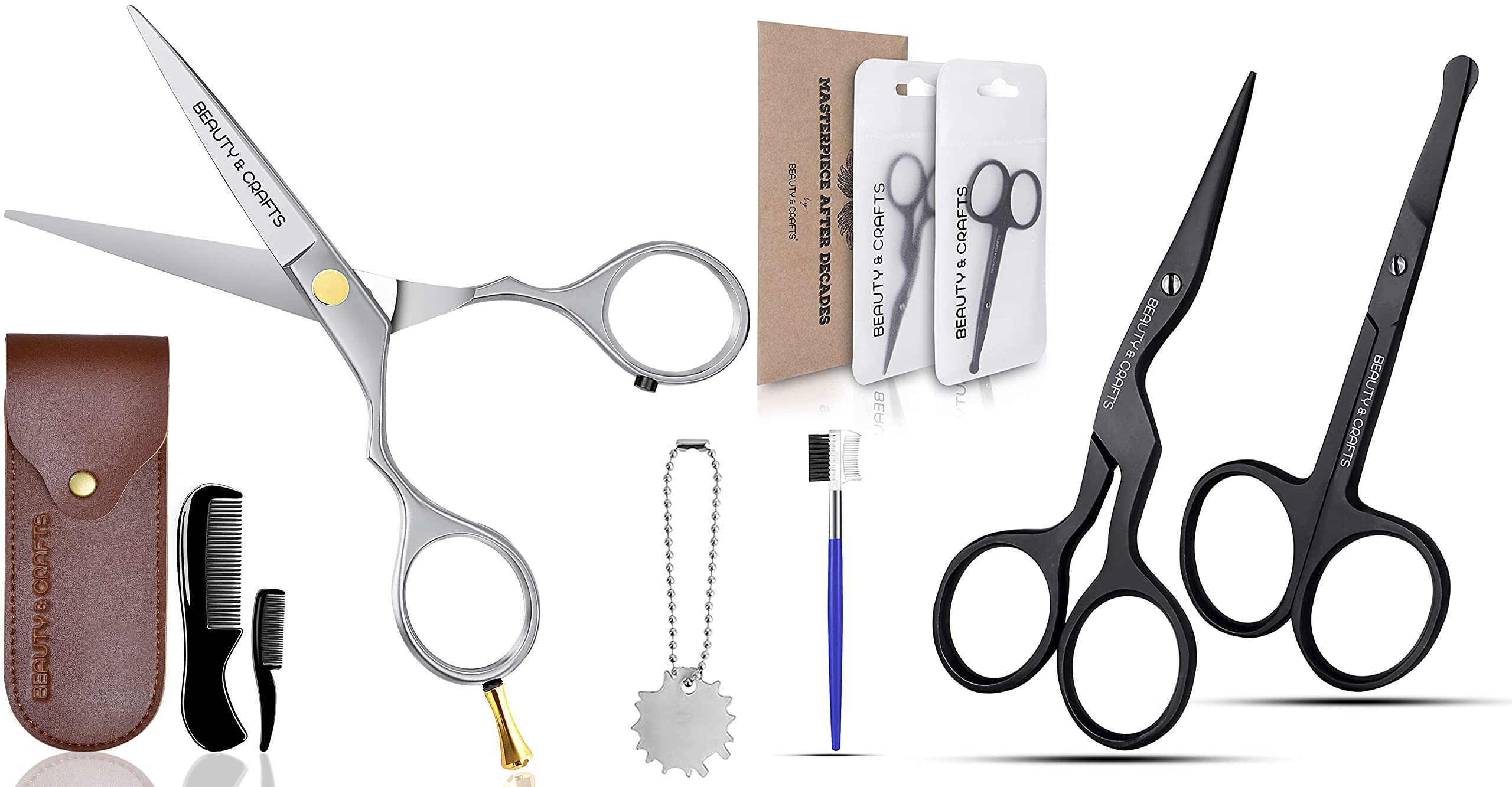 Beauty & Craft Pack of 2 Japanese Beard Mustache Scissors including beard & Mustache Combs and German Eyebrow Nose Scissors including Comb Brush, Complete grooming kit for facial hairs.