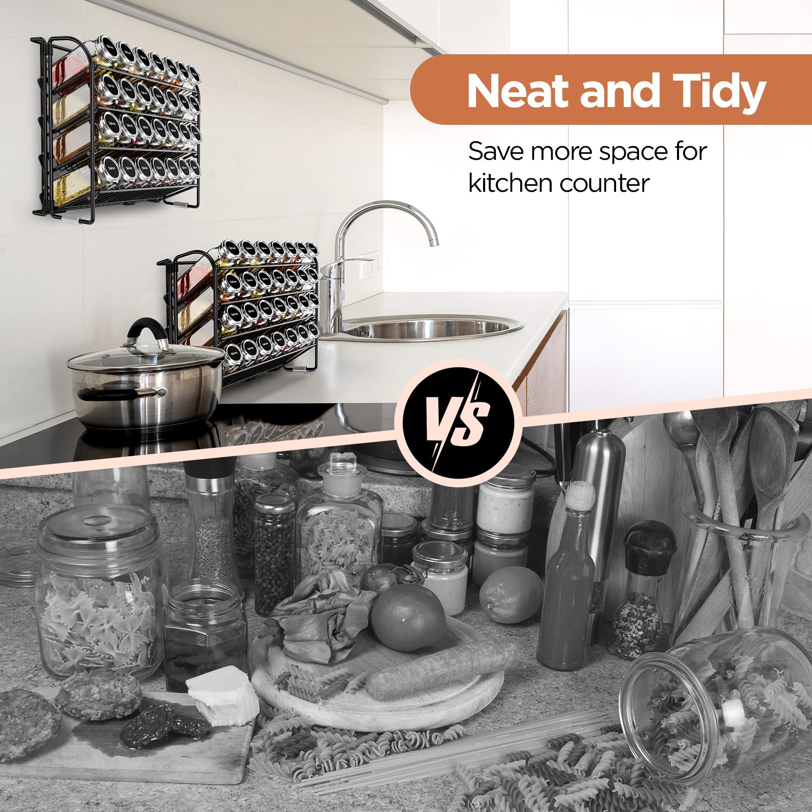 CHARMDI 4 Tier Spice Rack Organizer for Cabinet, Detachable Countertop Spice Rack for Spice Jars(Jars Not Included), Spice Rack Wall mount for Countertop, Cabinet, Kitchen, Black