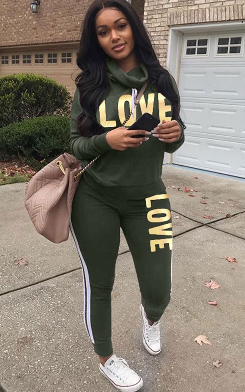 Angsuttc Women's Letter Print 2 Piece Outfit Cowl Neck Long Sleeve Sweatshirt and Pants Joggers set Tracksuit Army Green XX-Large