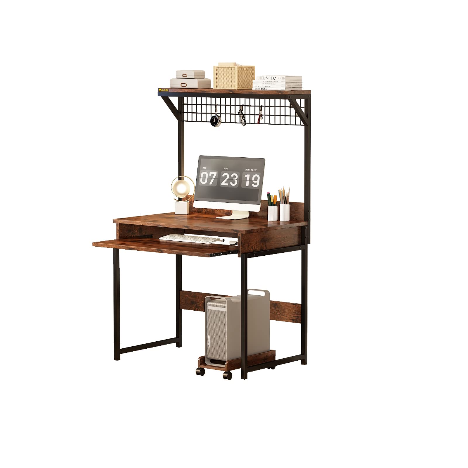 ALISENED Computer Desk with Hutch and Keyboard Tray,31.5 inches Home Office Desk with Space Saving Design,Writing Desk with PC case Stand for Study Writing Work for Small Spaces