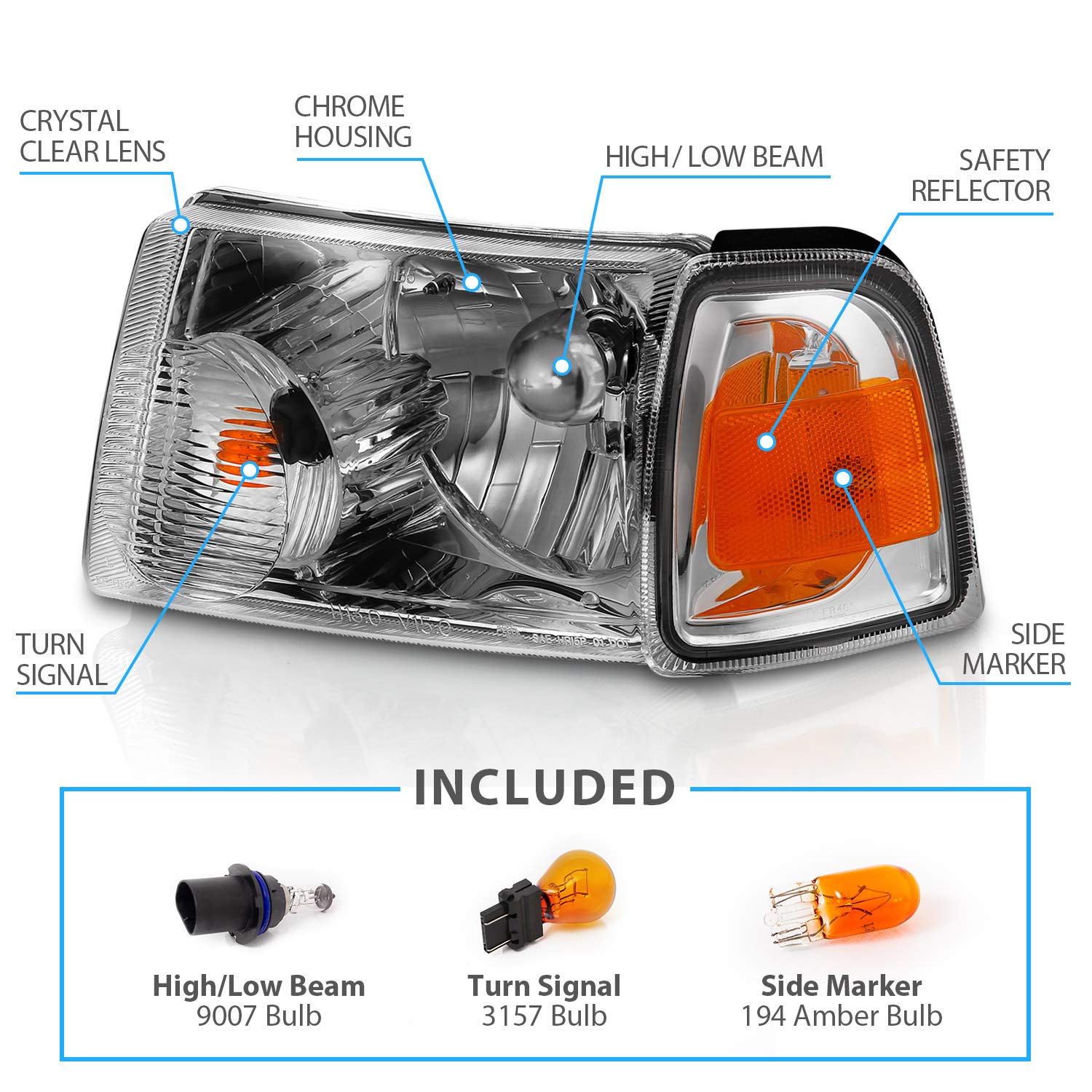 AmeriLite for 2001-2011 Ranger Pickup Truck Chrome Factory Style OE Fitment Replacement Headlights Assembly w/o Corner Lamp Pair - Driver and Passenger Side