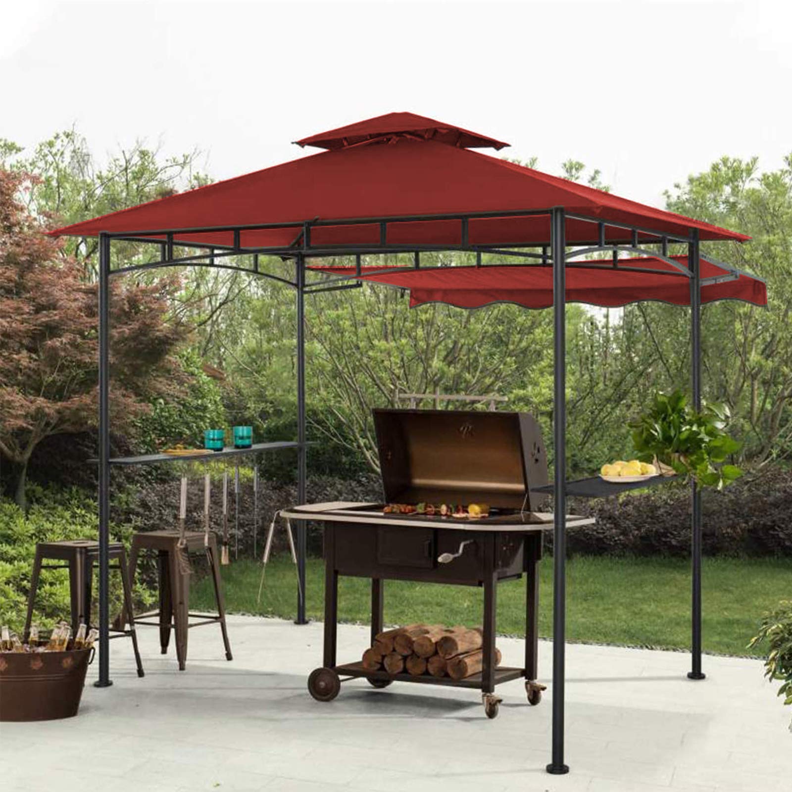 CHARMELEON Dark Grey Grill Gazebo, Double Tiered BBQ Gazebo, 5x8 Grill Canopy,Outdoor BBQ Canopy Tent with Stretchable Side Awning