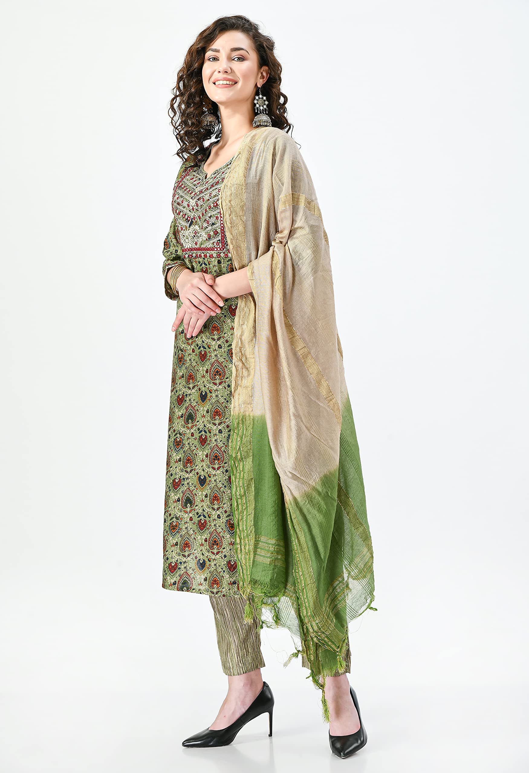 AnjuShree Choice Women Diwali Kurti Pant set with Dupatta Green