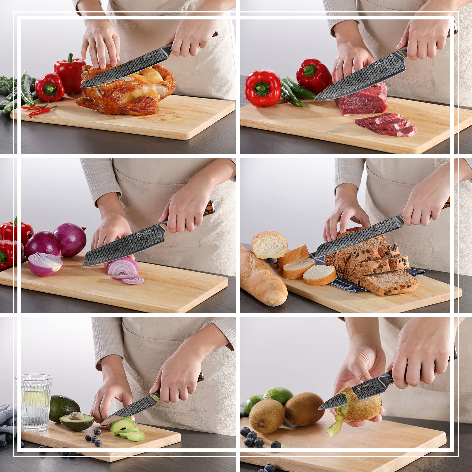 Chef Knife Set, Luckytime 6-Piece Kitchen Knives Set, German 5cr15mov High Carbon Stainless Steel Meat Sushi Fruit Vegetable Ultra Sharp Professional Cutting Knife with Ergonomic Handle & Gray Texture