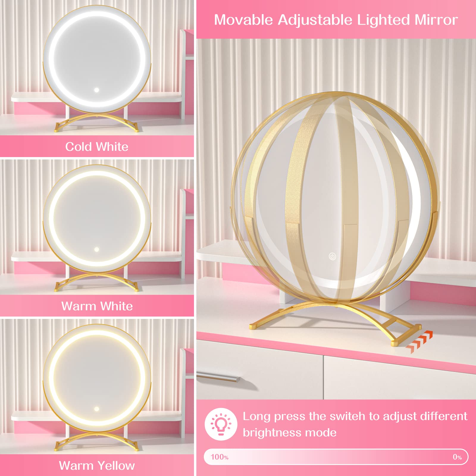 armocity 45 Inches Vanity Desk with Lights, Bright Color Makeup Vanity Table Set with Mirror, Large Dressing Table with Stool for Bedroom, Bathroom, Small Space, 3 Adjustable Lighting Modes, Pink