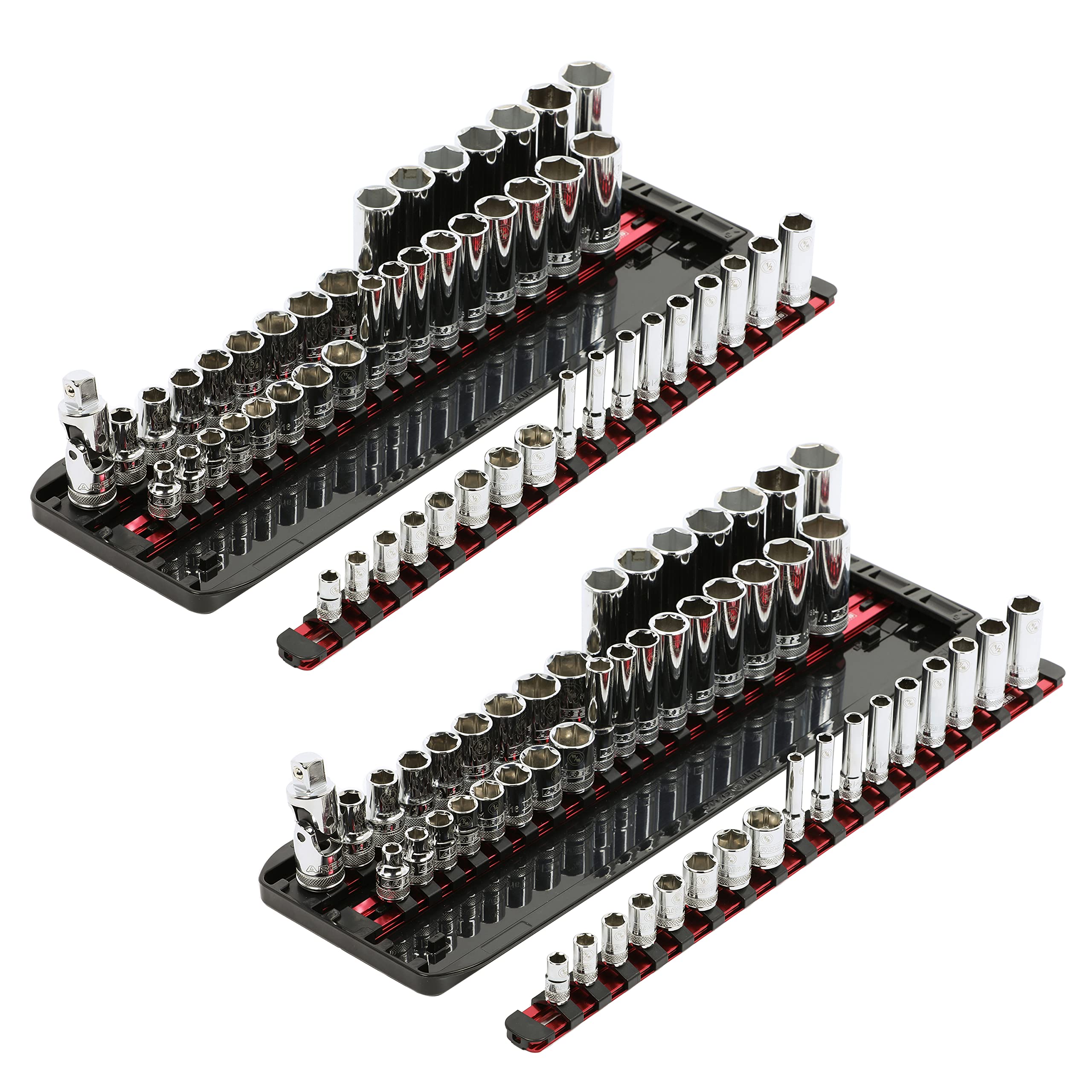 ARES 60145 - SOCKET VAULT™ 3-Piece 17-Inch Black Socket Rail Set with Organizer Tray – Reinforced Plastic Tray Holds 3 Aluminum Rails Locked in Place – 50 1/4-Inch, 3/8-Inch, and 1/2-Inch Drive Clips