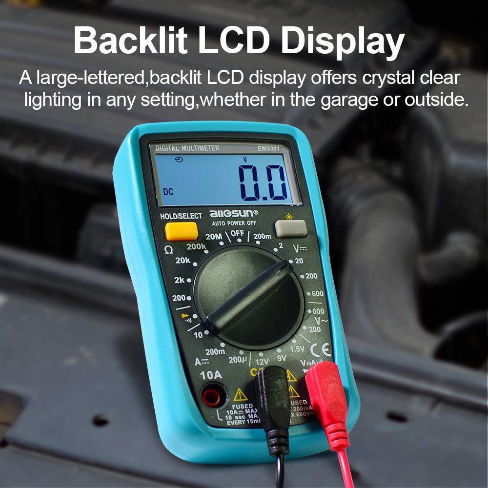 ALLOSUN Digital Multimeter Automotive Multimeter Battery Tester 1999 counts AC DC Voltage DC Current ohm Tester With Backlight (EM3301), blue