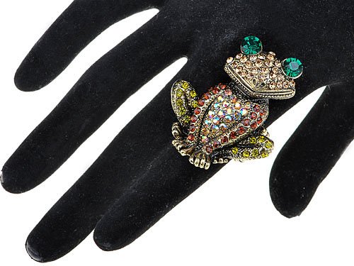 Alilang Adjustable Antique Golden Tone Multicolored Rhinestones Frog Toad Ring
