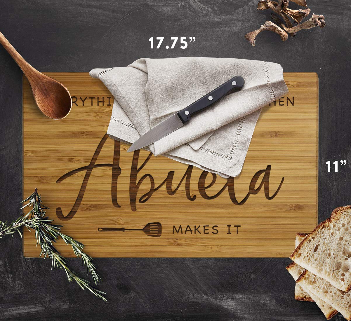 Andaz Press Large Bamboo Wood BBQ Cutting Board Gift, 17.75 x 11-inch, Everything Tastes Better When Abuela Makes It, 1-Pack, Engraved Serving Chopping Board Christmas Birthday Chef Kitchen Ideas