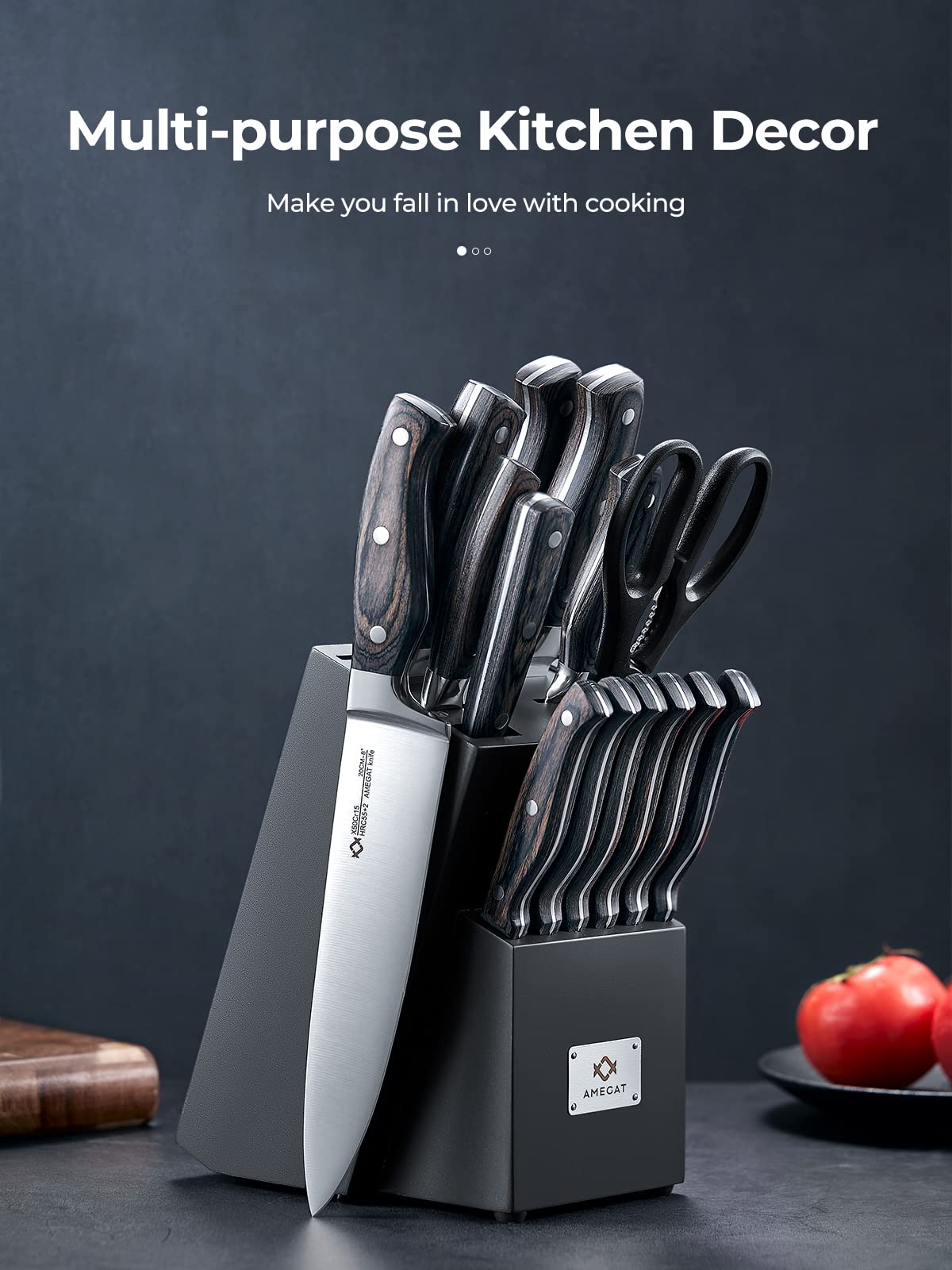 AMEGAT 15-Piece Knife Set with Built-in Sharpener and Carving Fork, Ultra Sharp Knife Block Set with Full Tang Design & Wooden Handle, High Carbon Stainless Steel Knife Sets for Kitchen with Block