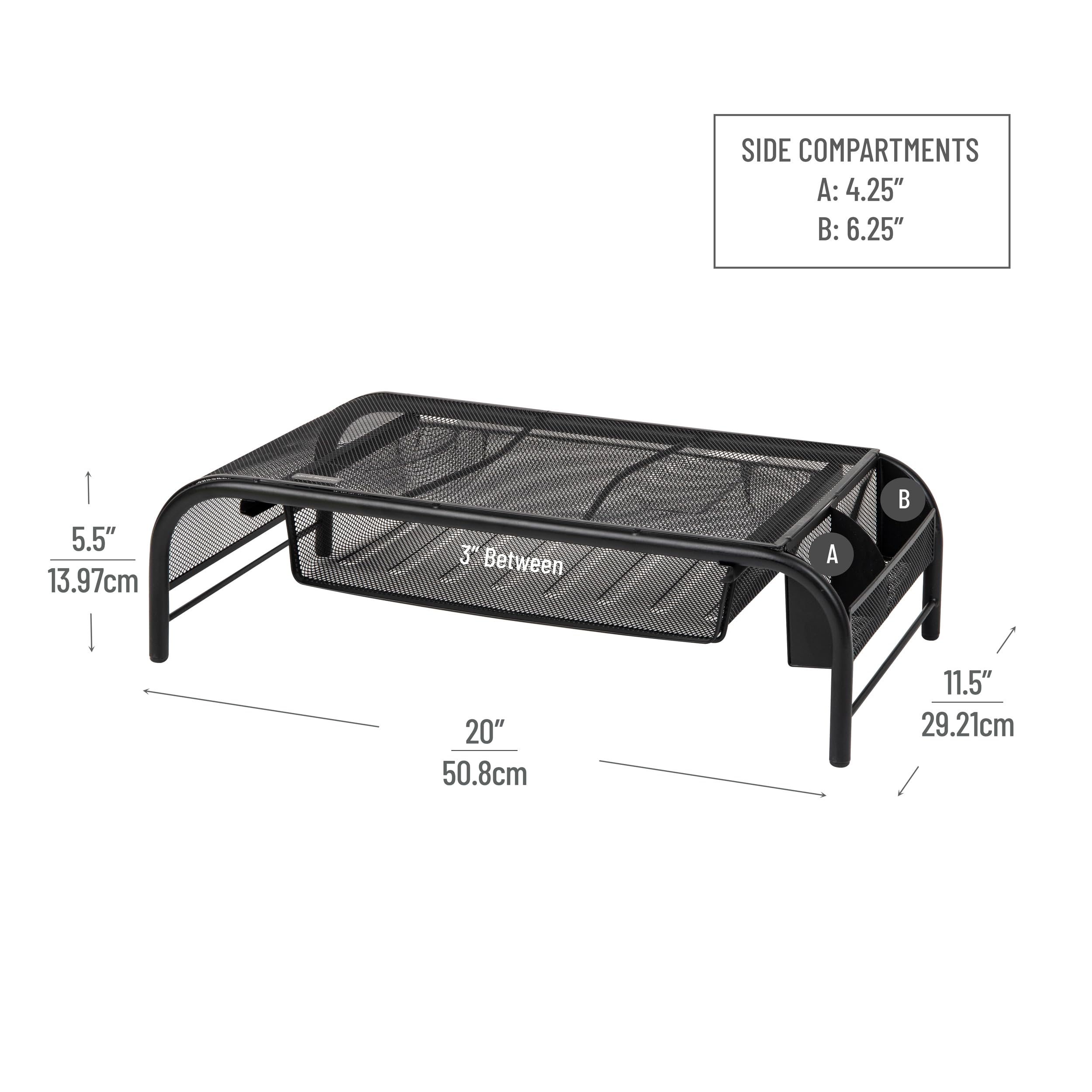 Mind Reader Monitor Stand, Ventilated Laptop Riser, Paper Tray, Storage, Office, Metal Mesh, 20"L x 11.5"W x 5.5"H, Black