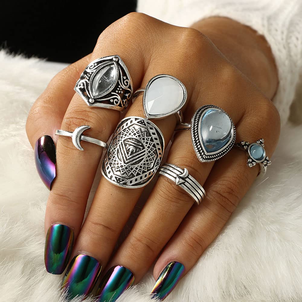 Asphire 7pcs Bohemian Joint Knuckle Rings Set Opal Gemstone Stackable Midi Ring Band Vintage Carved Geometric Finger Rings Sapphire Chunky Ring Pack for Women (Style 5)