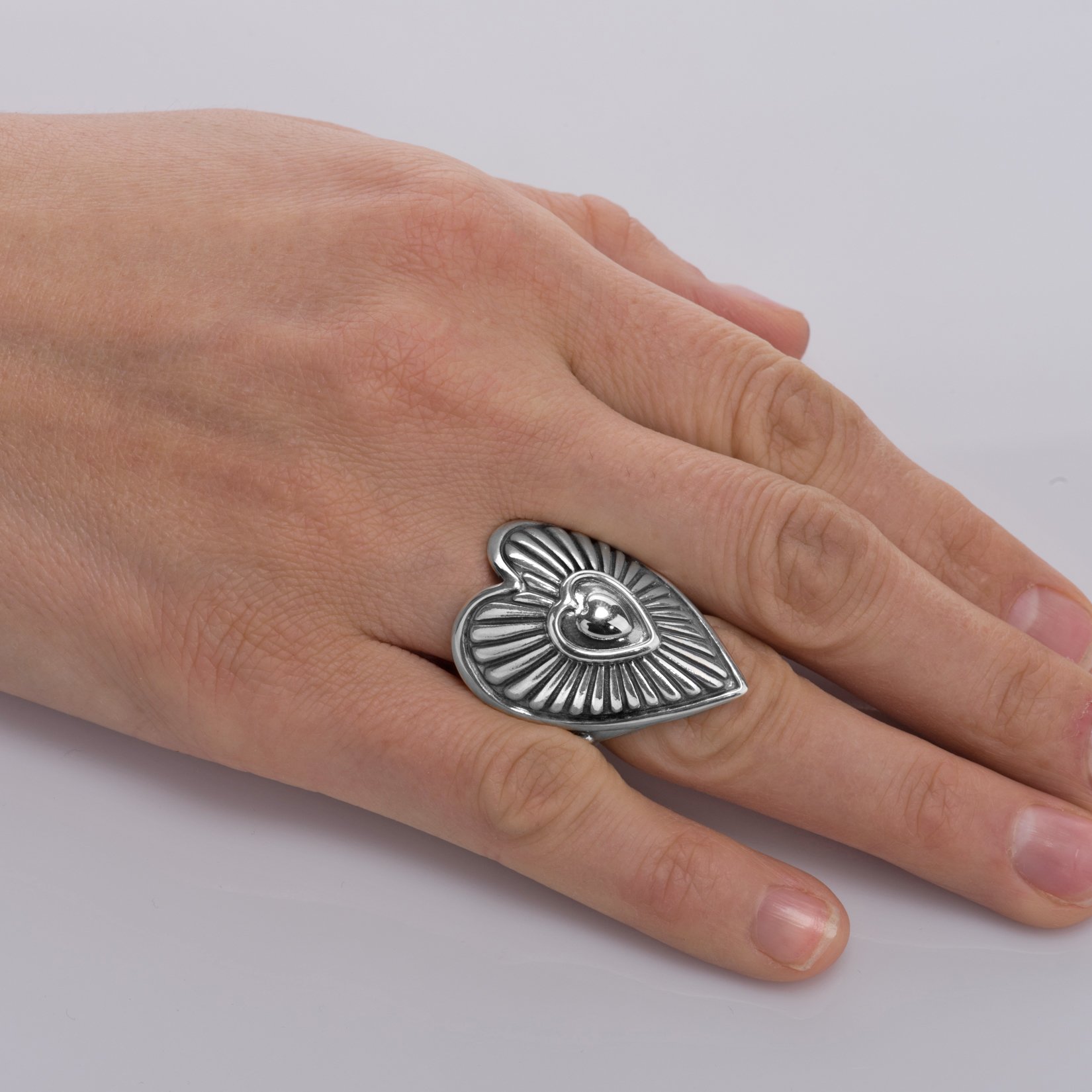 American West Sterling Silver Women's Statement Ring Heart & Sunburst Design Size 5