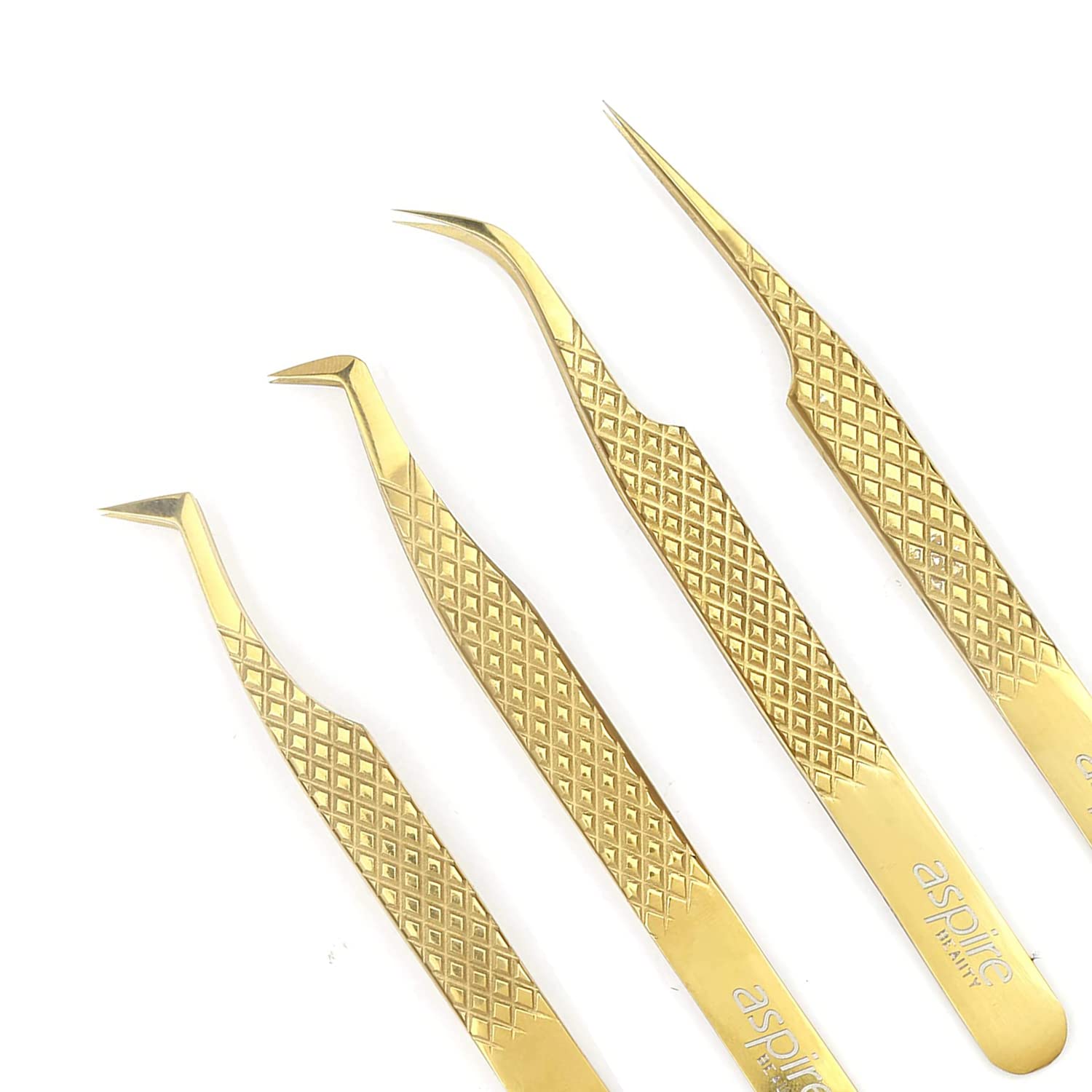 Aspire Beauty 4pc Precision Volume And Straight Eyelash Extension Tweezer Set With Diamond Grip- Made By Japanese Stainless Add To Your Lash Kit(gold)
