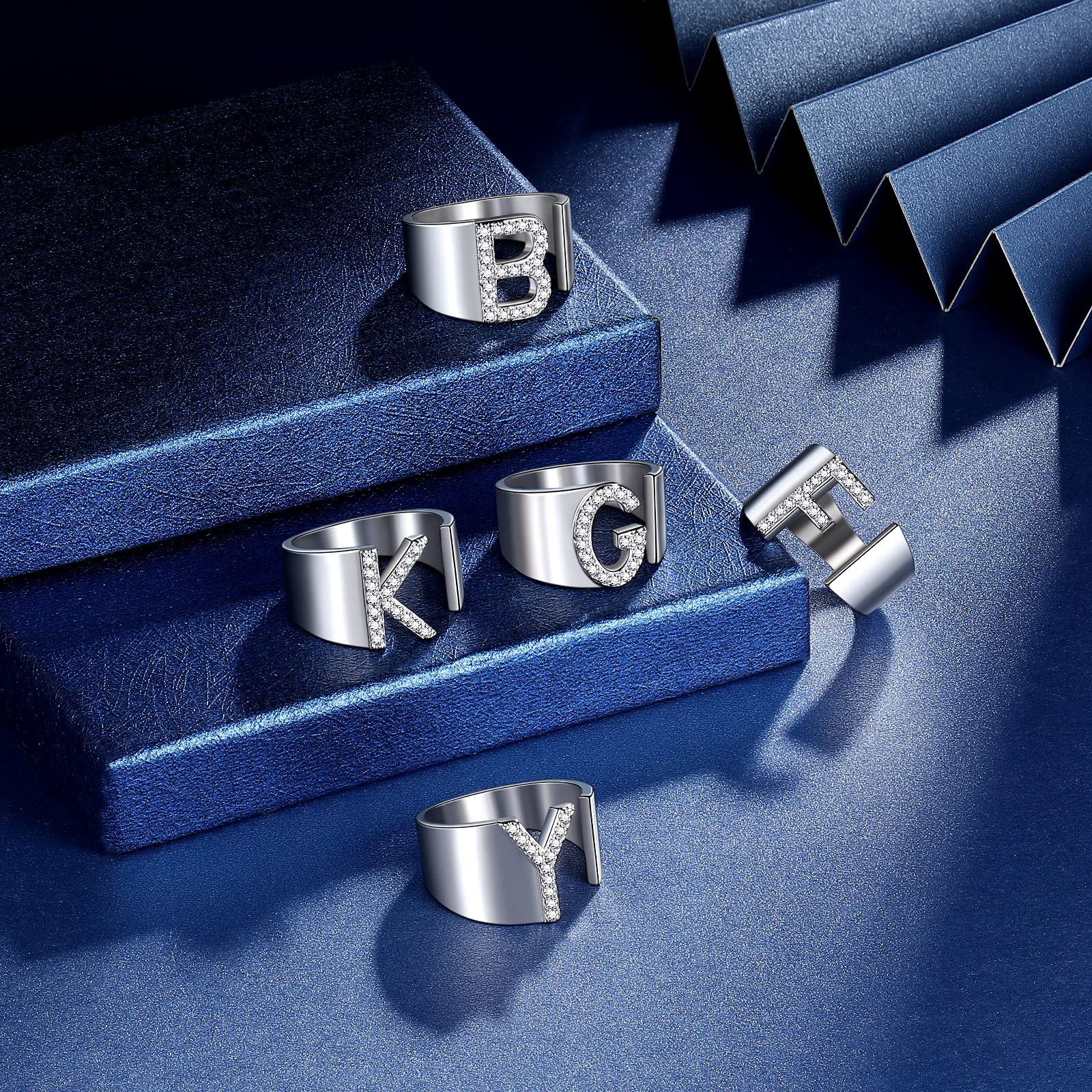 beautlace Letter B Rings Adjustable Silver Plated Initial B Alphabet Open Ring with Cubic Zirconia Jewelry for Men and Women KR0037B-W
