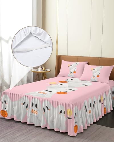 AMZRicher Halloween Wrap Around Pleated Bed Skirts for Queen Bed 60x80, Decorative Dust Ruffle Bed Sheet & Bedskirt 18'' Drop Bedspread with Pillow Case 20x30 White Ghost Pumpkin Blush Pink