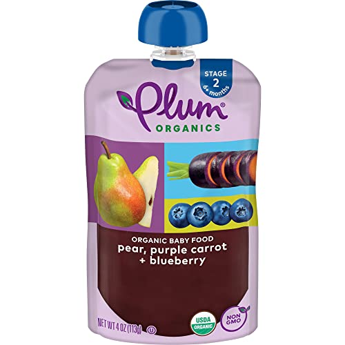 Plum Organics Stage 2 Organic Baby Food - Pear, Purple Carrot, and Blueberry - 4 oz Pouch - Organic Fruit and Vegetable Baby Food Pouch