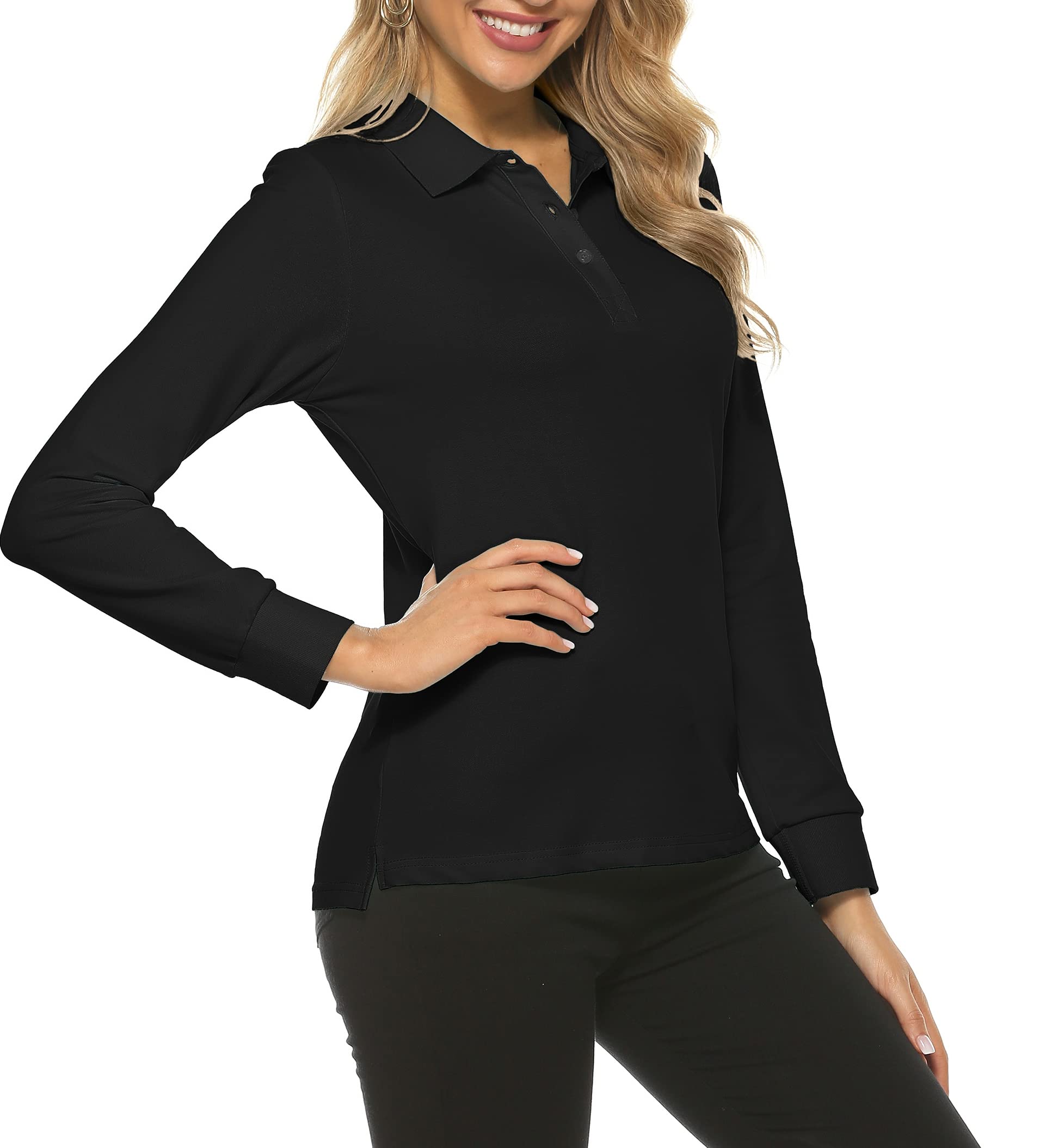 AjezMax Womens Golf Tennis Polo Shirts Long Sleeve Sun Protection Quick Dry Lightweight Casual Button Sports Athletic Tops Black Large