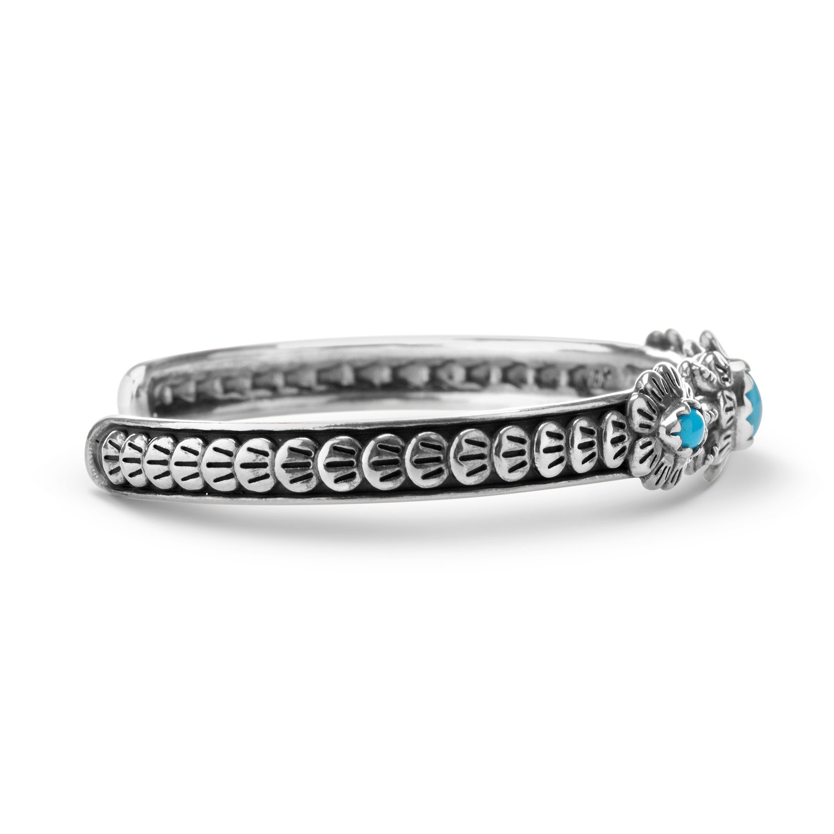 American West Sterling Silver Women's Cuff Bracelet Sleeping Beauty Turquoise Gemstone Flower Concha Design Size Small