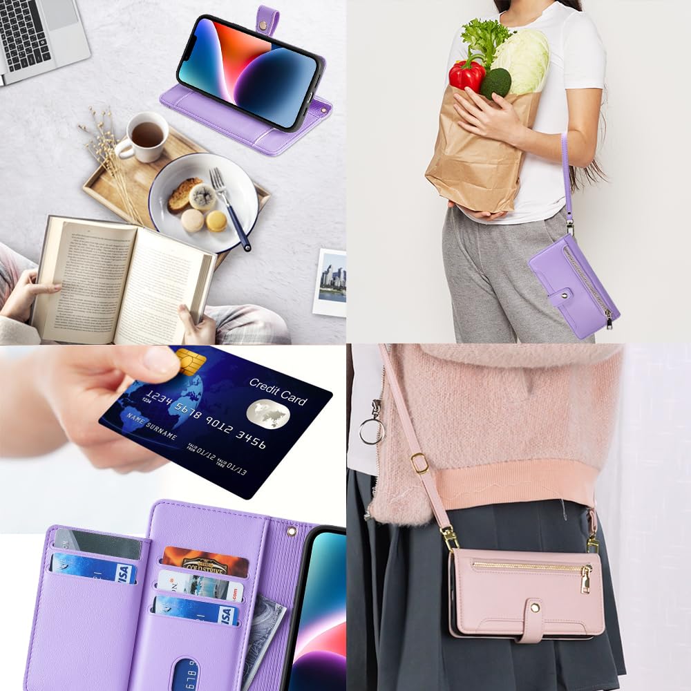 Arseaiy Wallet Case for iPhone 15 Pro Max Flip Phone Case with Adjustable Crossbody Strap Magnetic Handbag Zipper Pocket Cases PU Leather Shockproof Cover with Kickstand Phone Shell Purple
