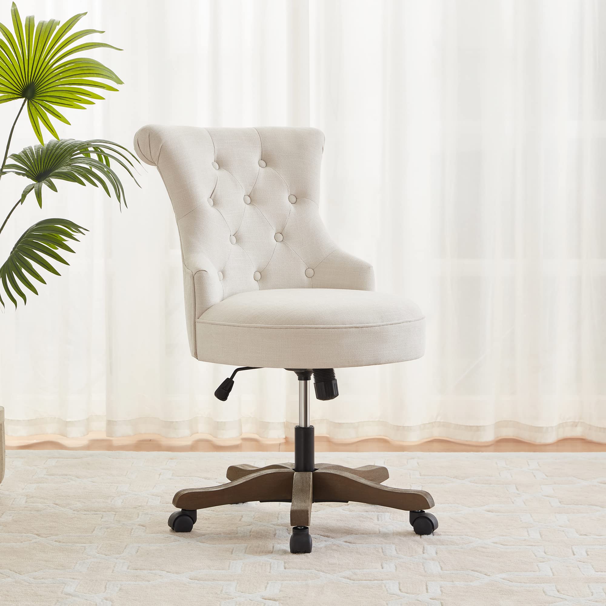 Batohom Home Office Chair Adjustable Height Swivel Chair with Wheels Linen Fabric Upholstered Computer Desk Chair with Wooden Legs Comfortable Armless Chair for Home Office Study Studio (Light Grey)